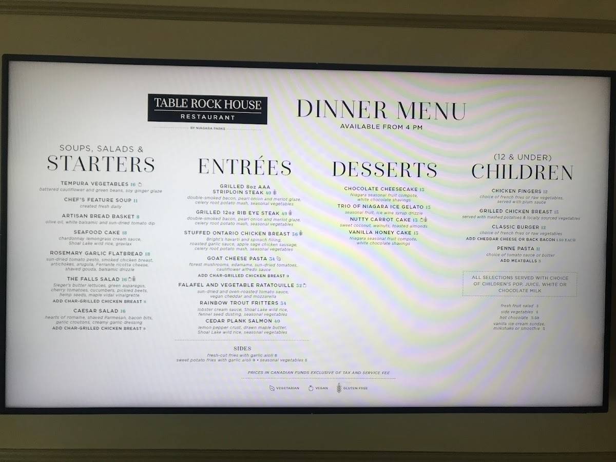 Menu at Table Rock House Restaurant, Niagara Falls