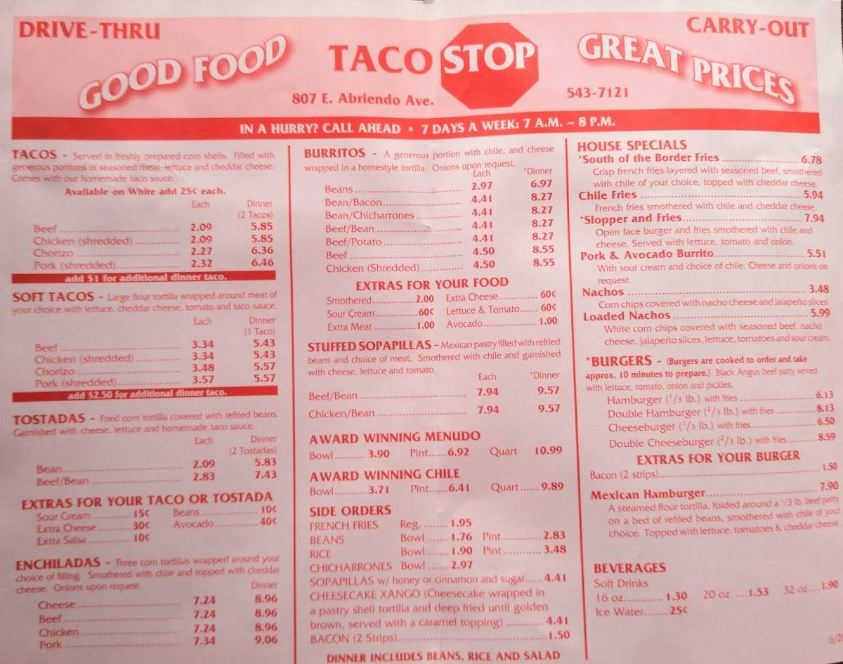 Menu at Taco Stop fast food, Pueblo, 807 E Abriendo Ave