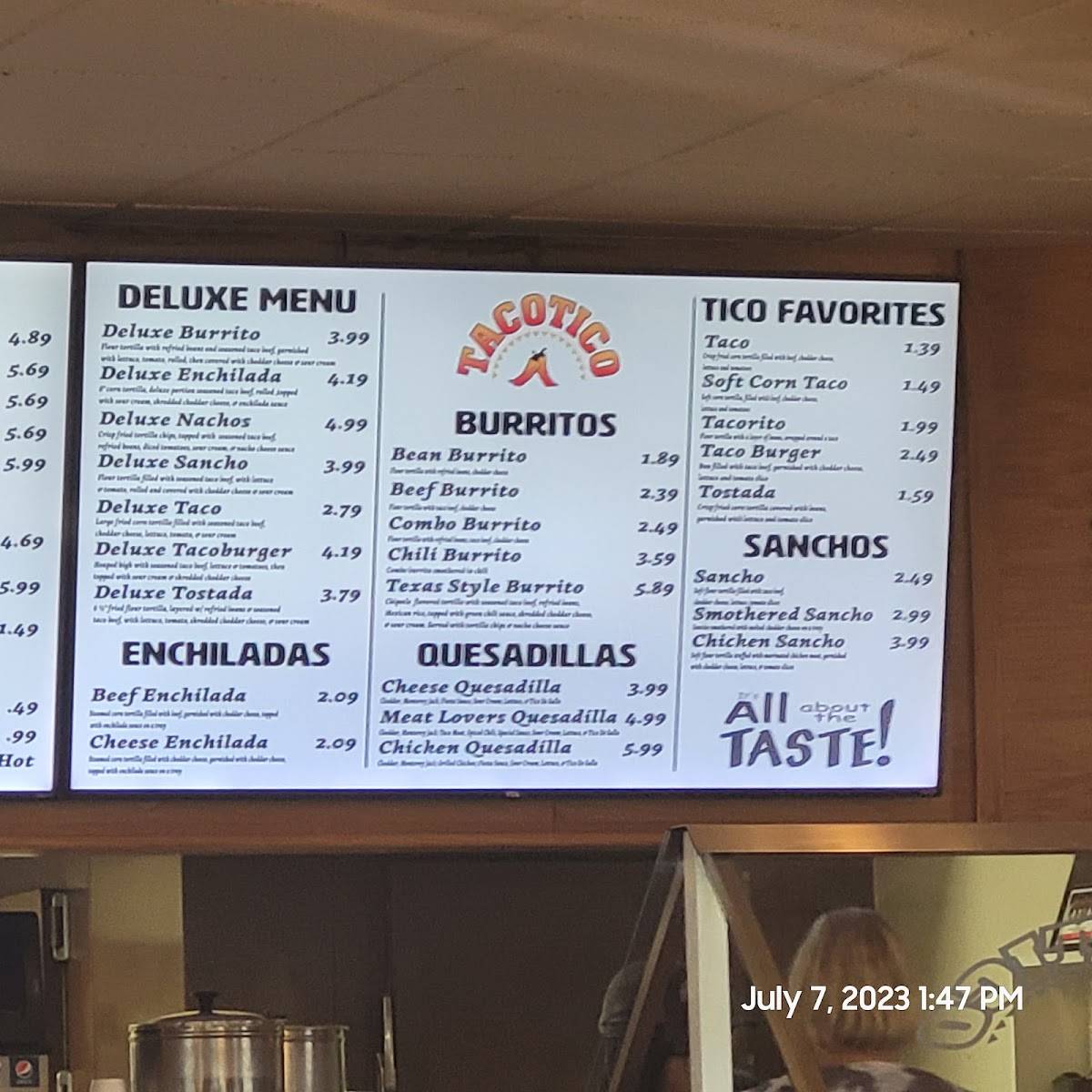 Menu at Taco Tico restaurant, Mason City, 4th St SW