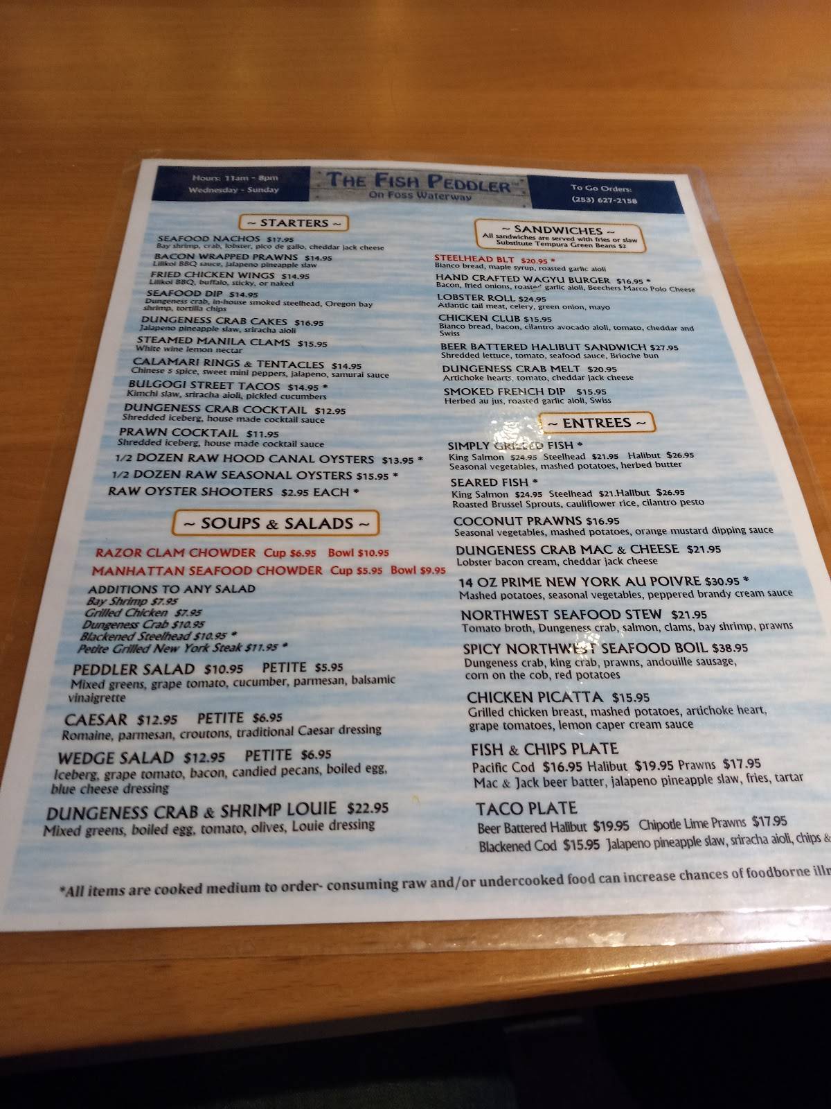Menu at The Fish Peddler Restaurant on Foss Waterway, Tacoma
