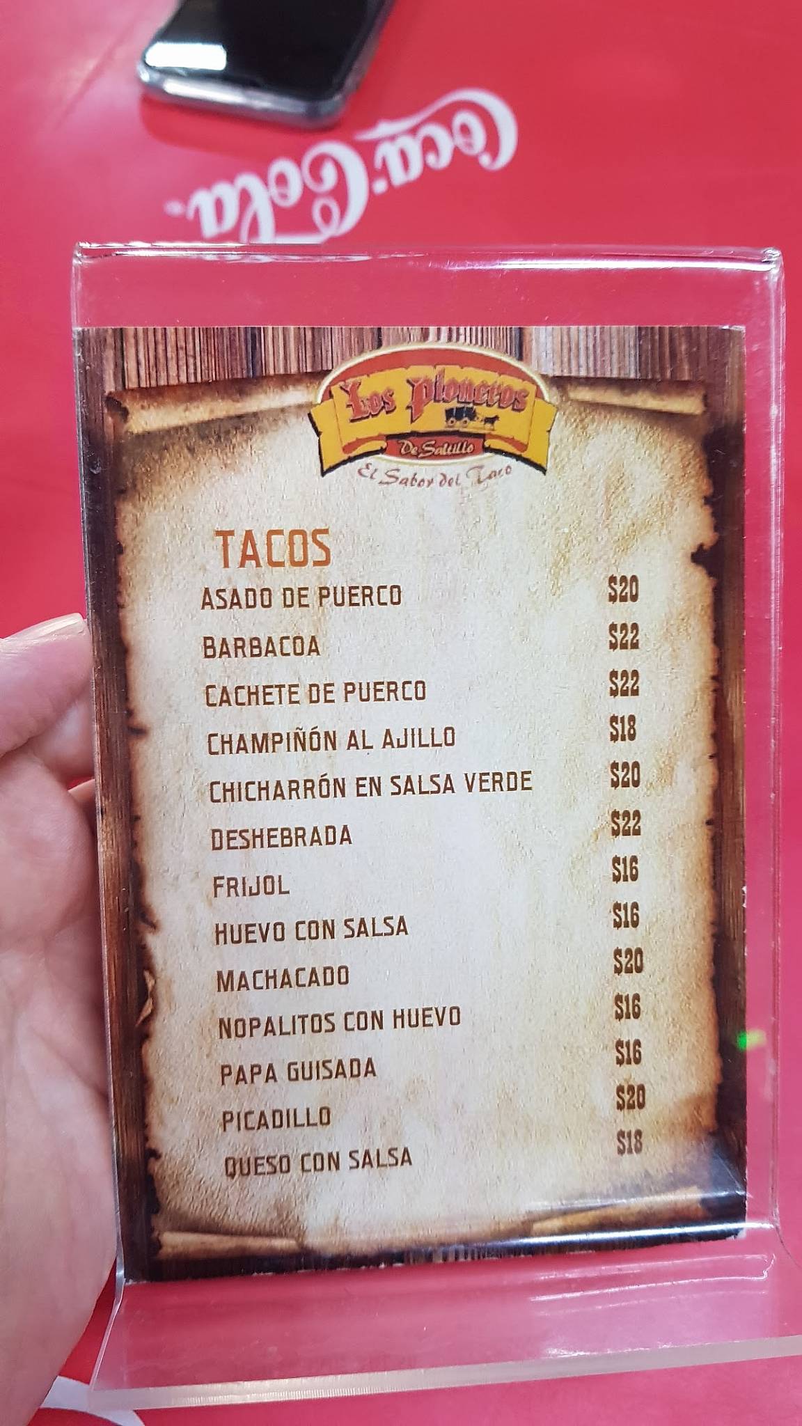 Carta del restaurante Tacos Los Pioneros, Saltillo, Blvd. Moctezuma 2065