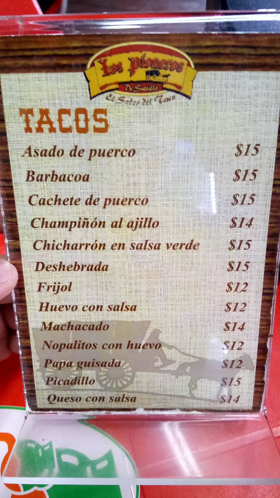 Carta del restaurante Tacos Los Pioneros, Saltillo, Blvd. Moctezuma 2065