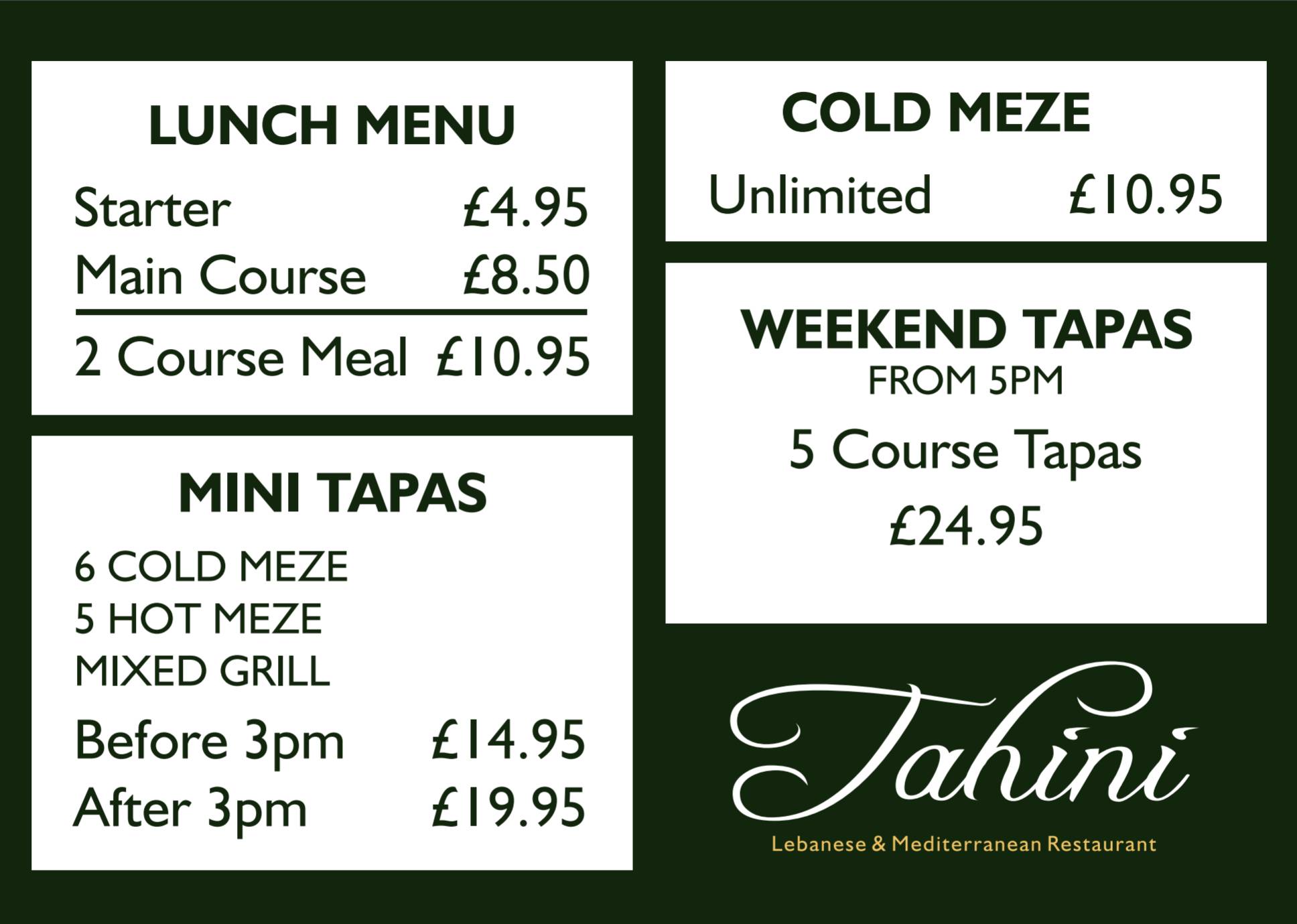 Menu at Tahini restaurant, Dundee