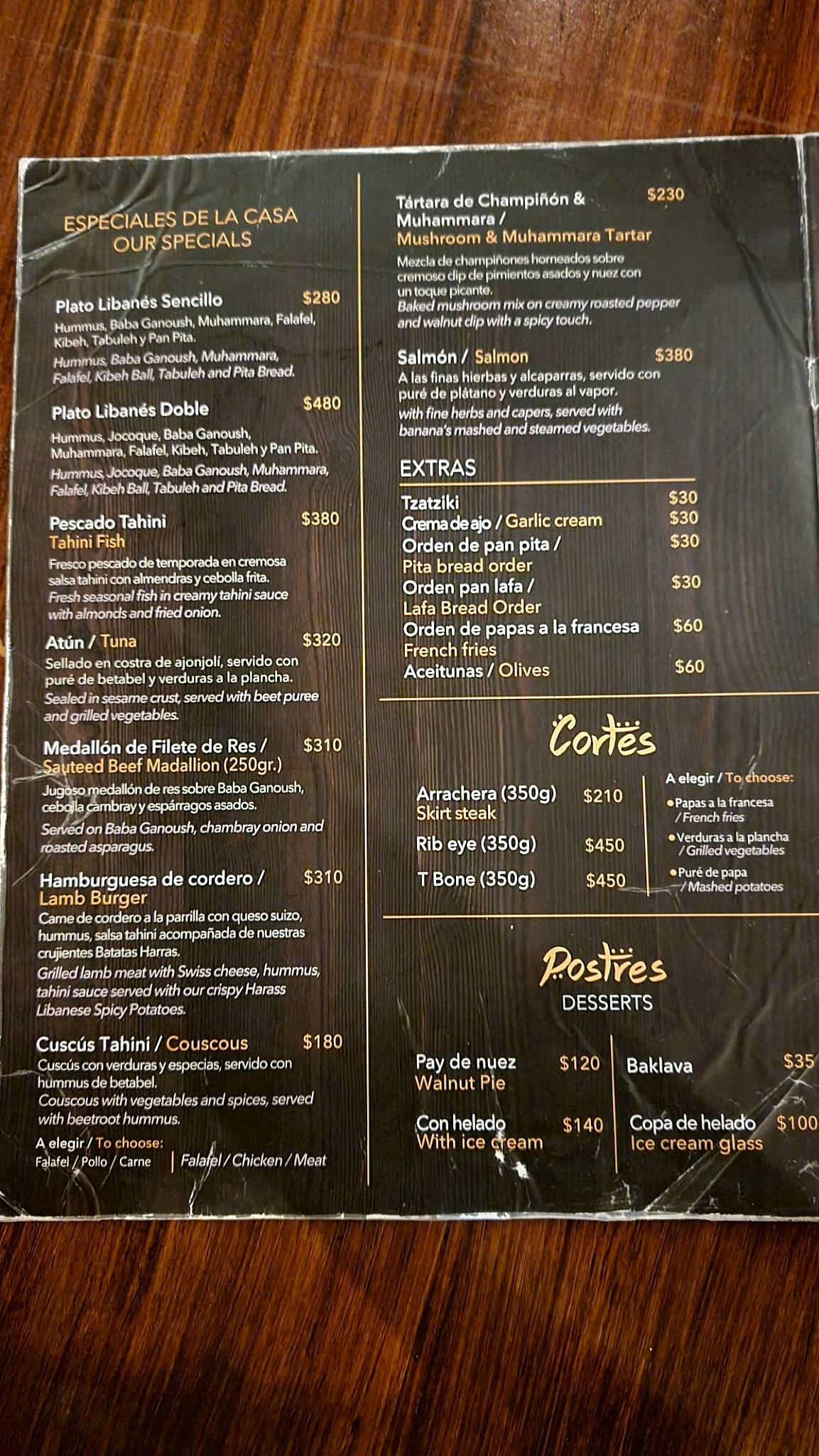 Menu at Tahini restaurant, Playa del Carmen