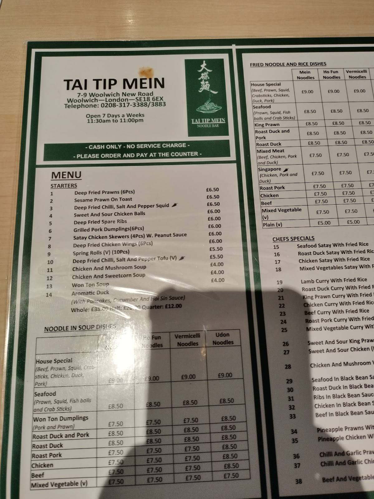 Menu at Tai Tip Mein London restaurant, London, 7-9 Woolwich New Rd