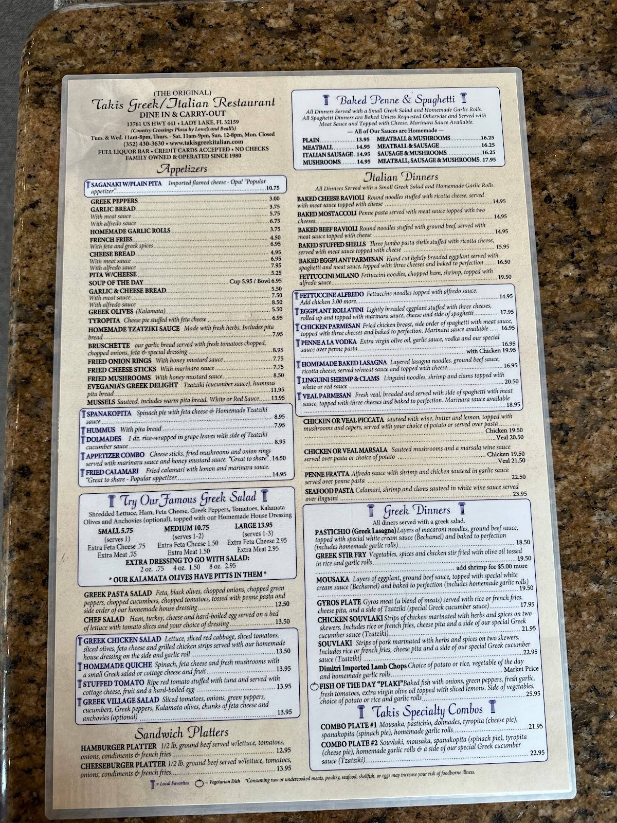 Menu at Takis Greek-Italian Restaurant, The Villages, US-441