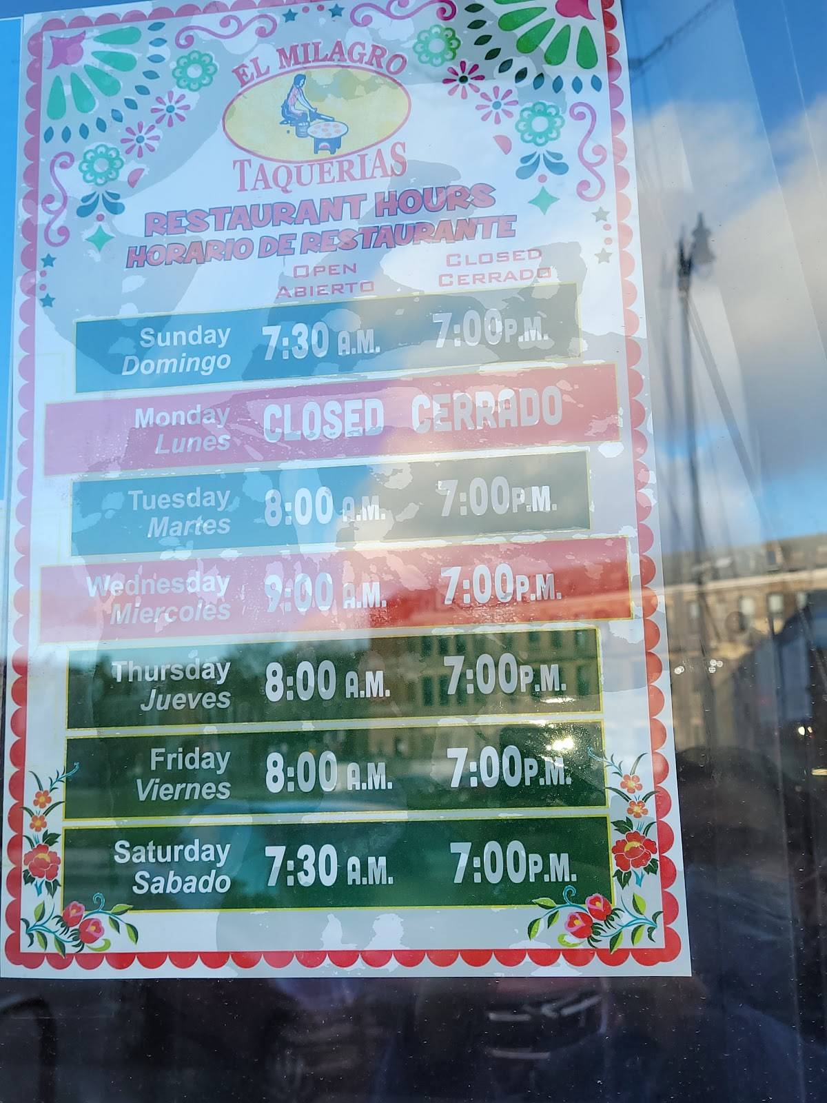 Menu at Taqueria El Milagro restaurant, Chicago, S Blue Island Ave
