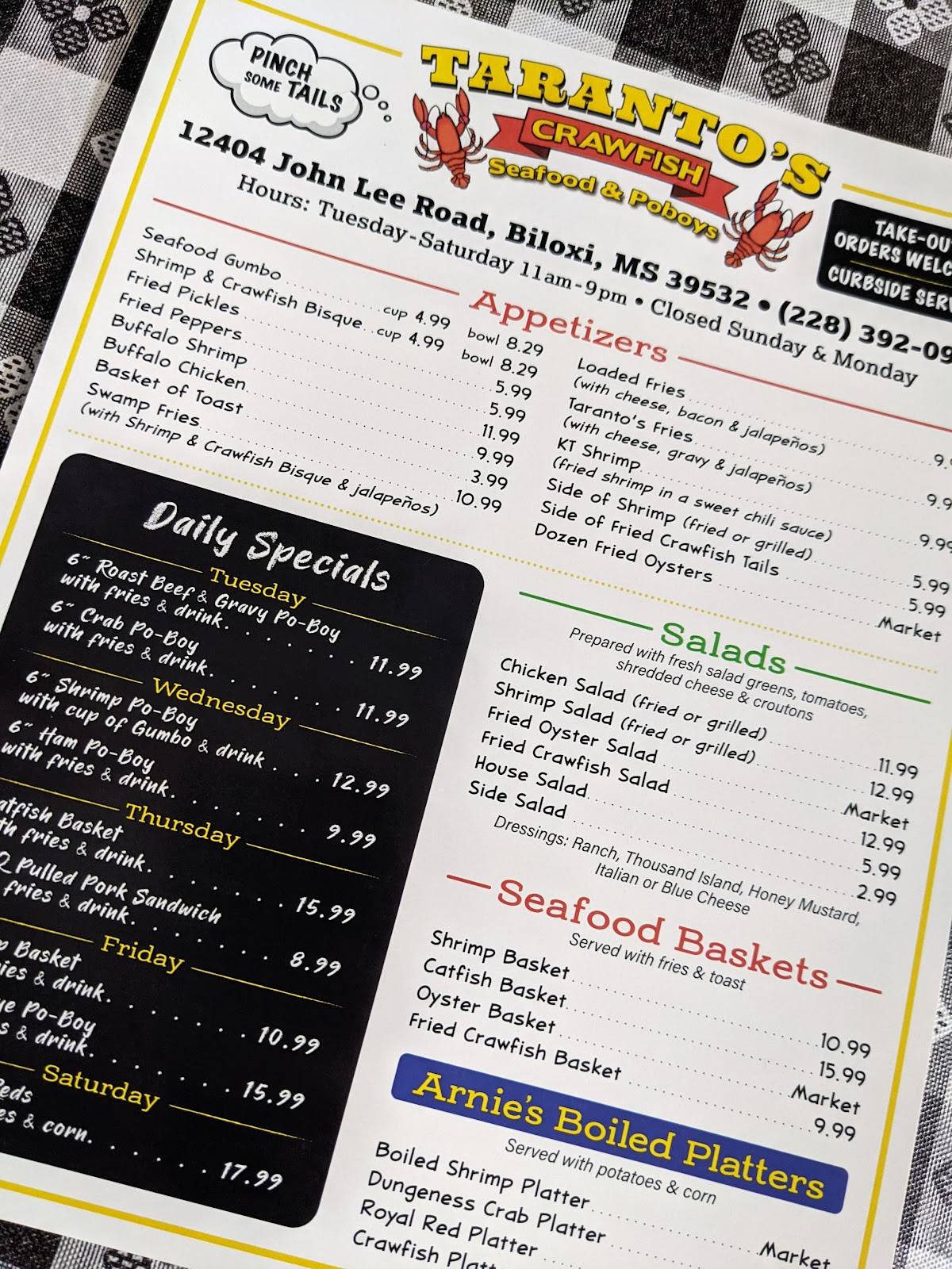 Menu at Taranto's Crawfish restaurant, Biloxi