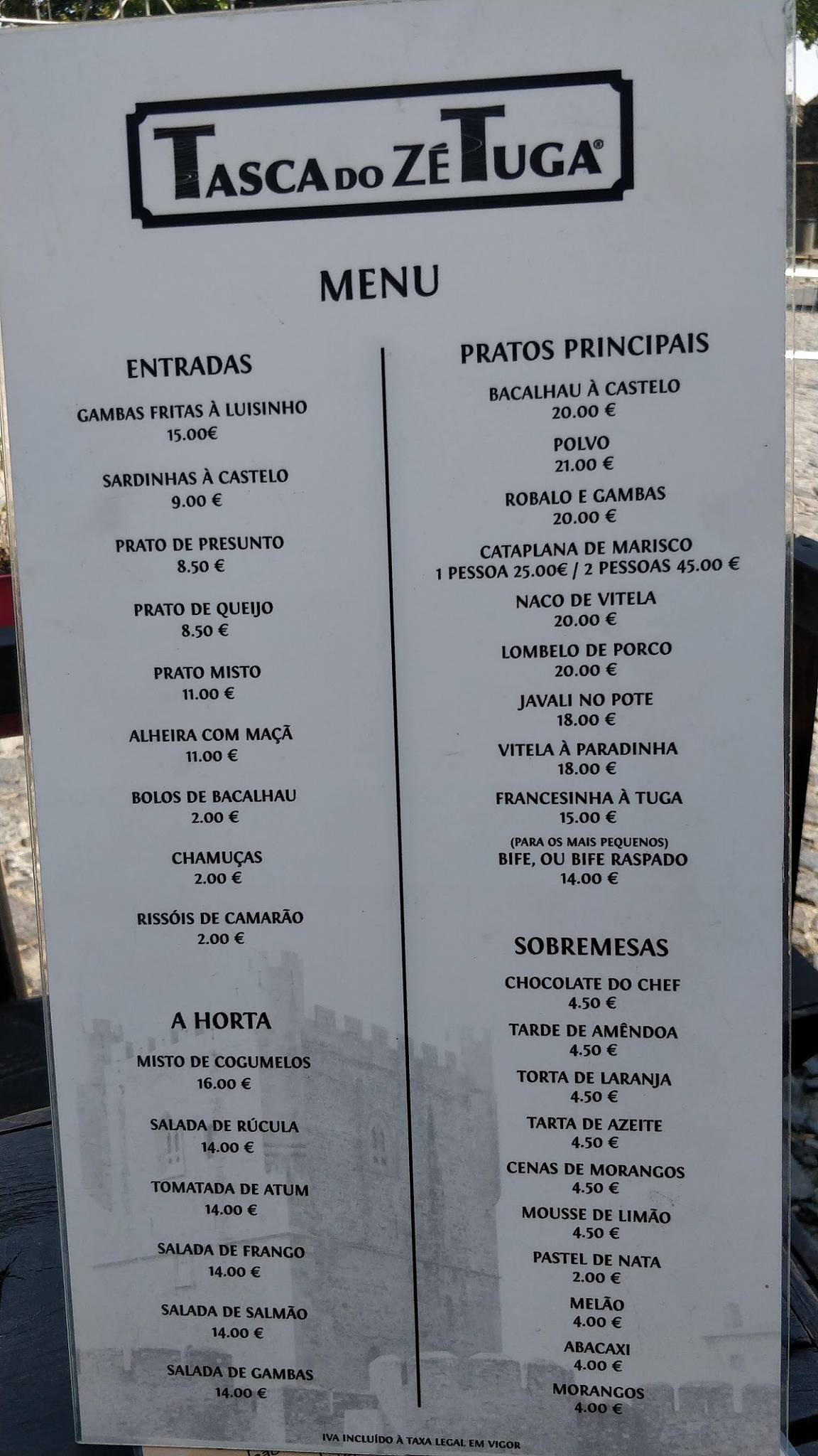 Menu at Tasca do Zé Tuga restaurant, Bragança