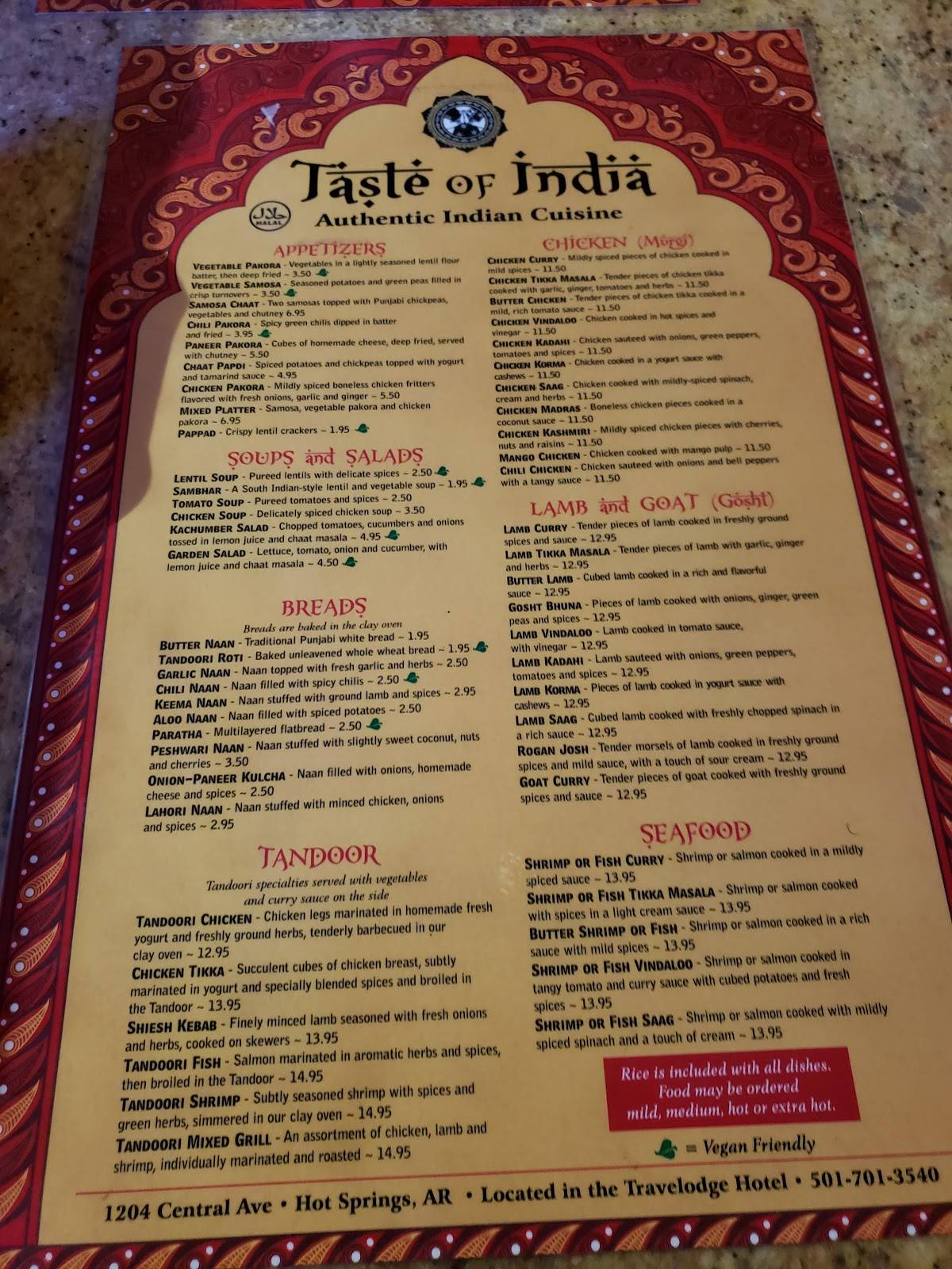 Menu at Taste Of India restaurant, Hot Springs