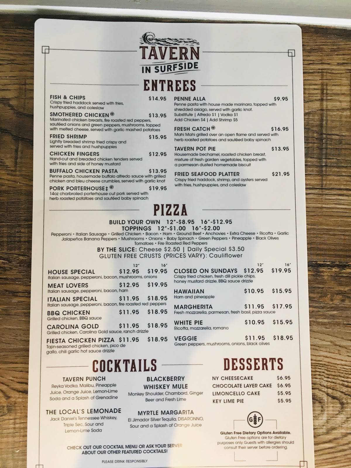 Menu at Tavern In Surfside pub & bar, Myrtle Beach
