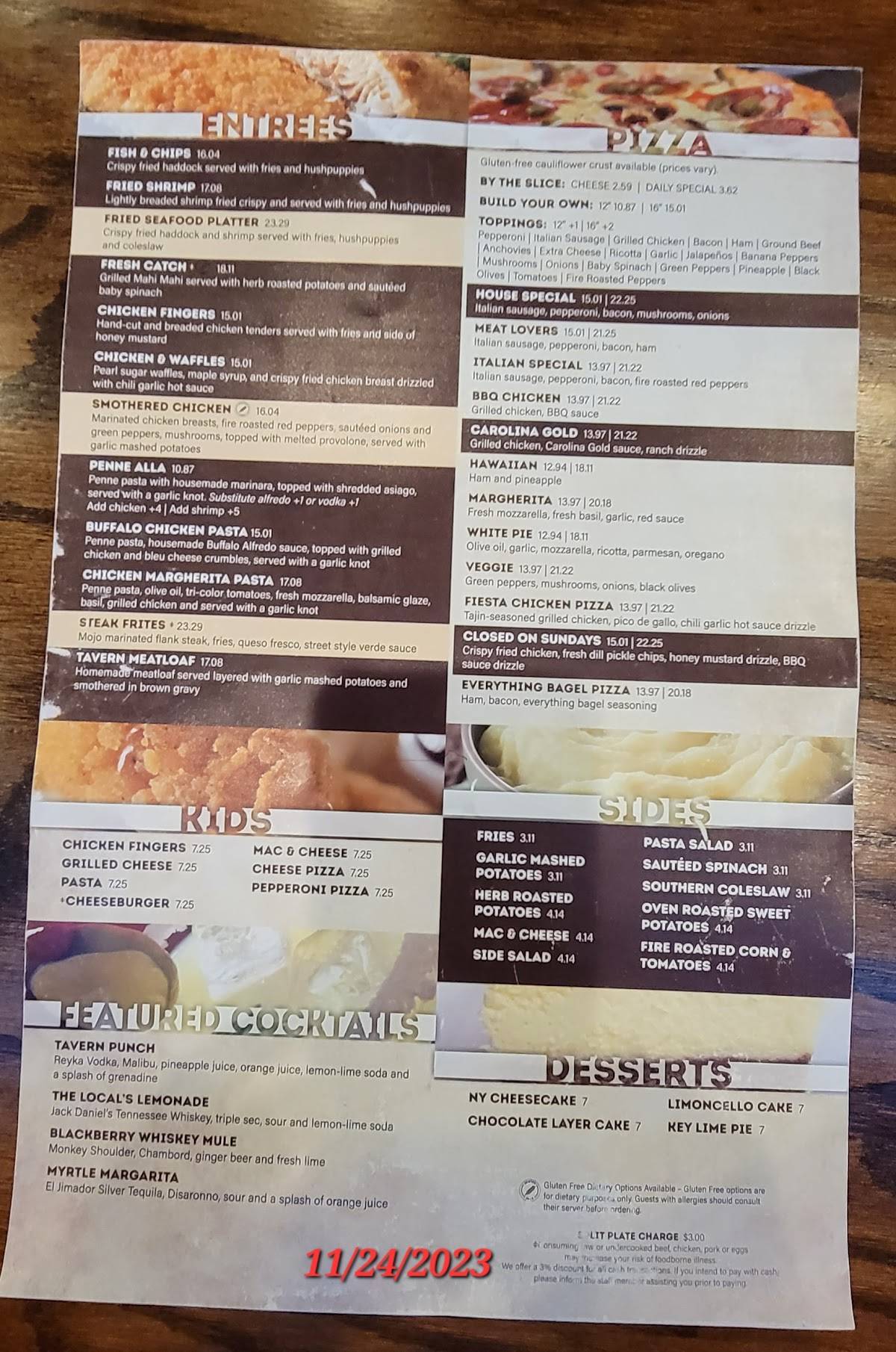 Menu at Tavern In Surfside pub & bar, Myrtle Beach