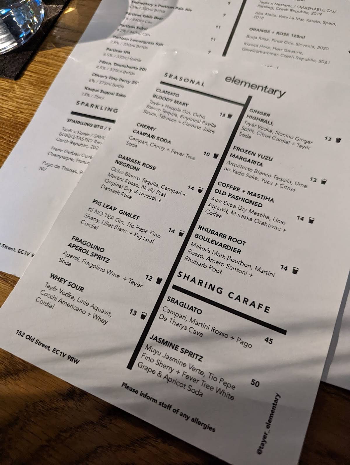 Menu at Tayēr + Elementary pub & bar, London