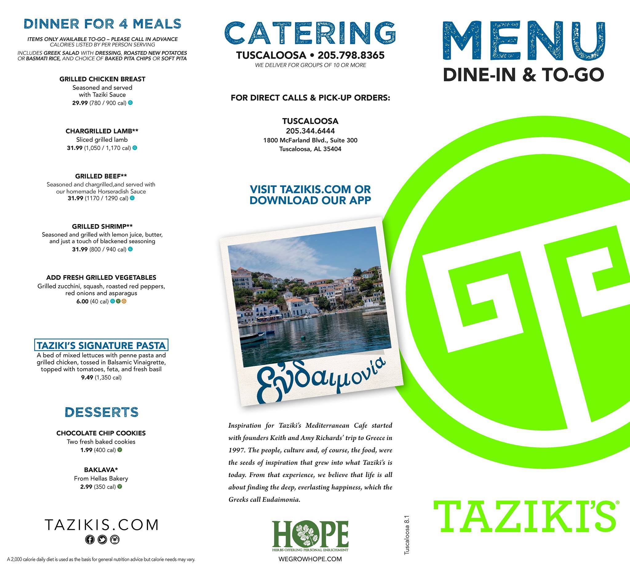 Menu at Taziki's Mediterranean Cafe - Tuscaloosa, Tuscaloosa
