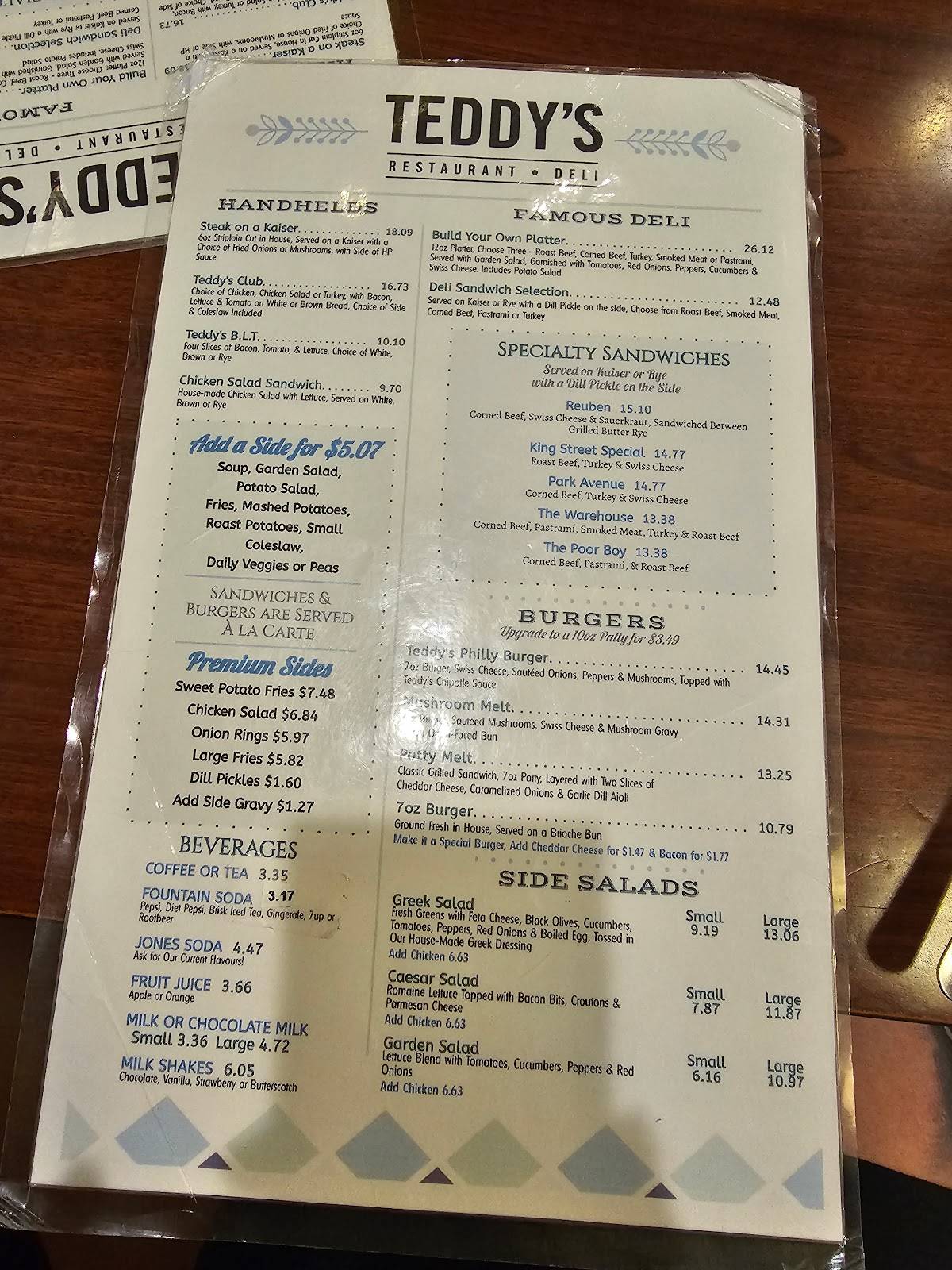 Menu at Teddy's Restaurant & Deli, Oshawa