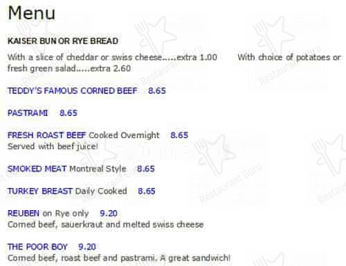 Menu at Teddy's Restaurant & Deli, Oshawa