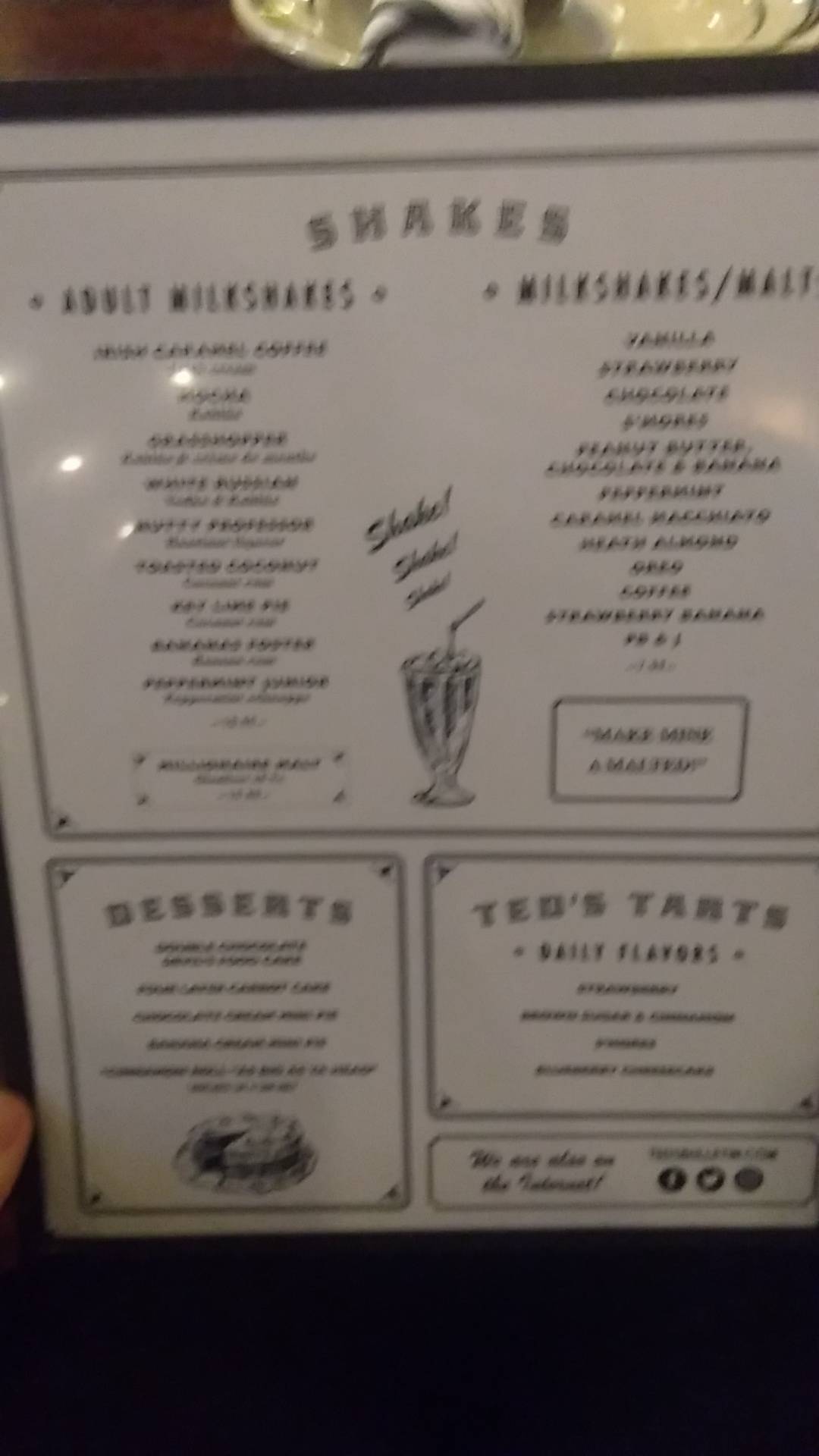 Menu at Ted's Bulletin restaurant, Reston