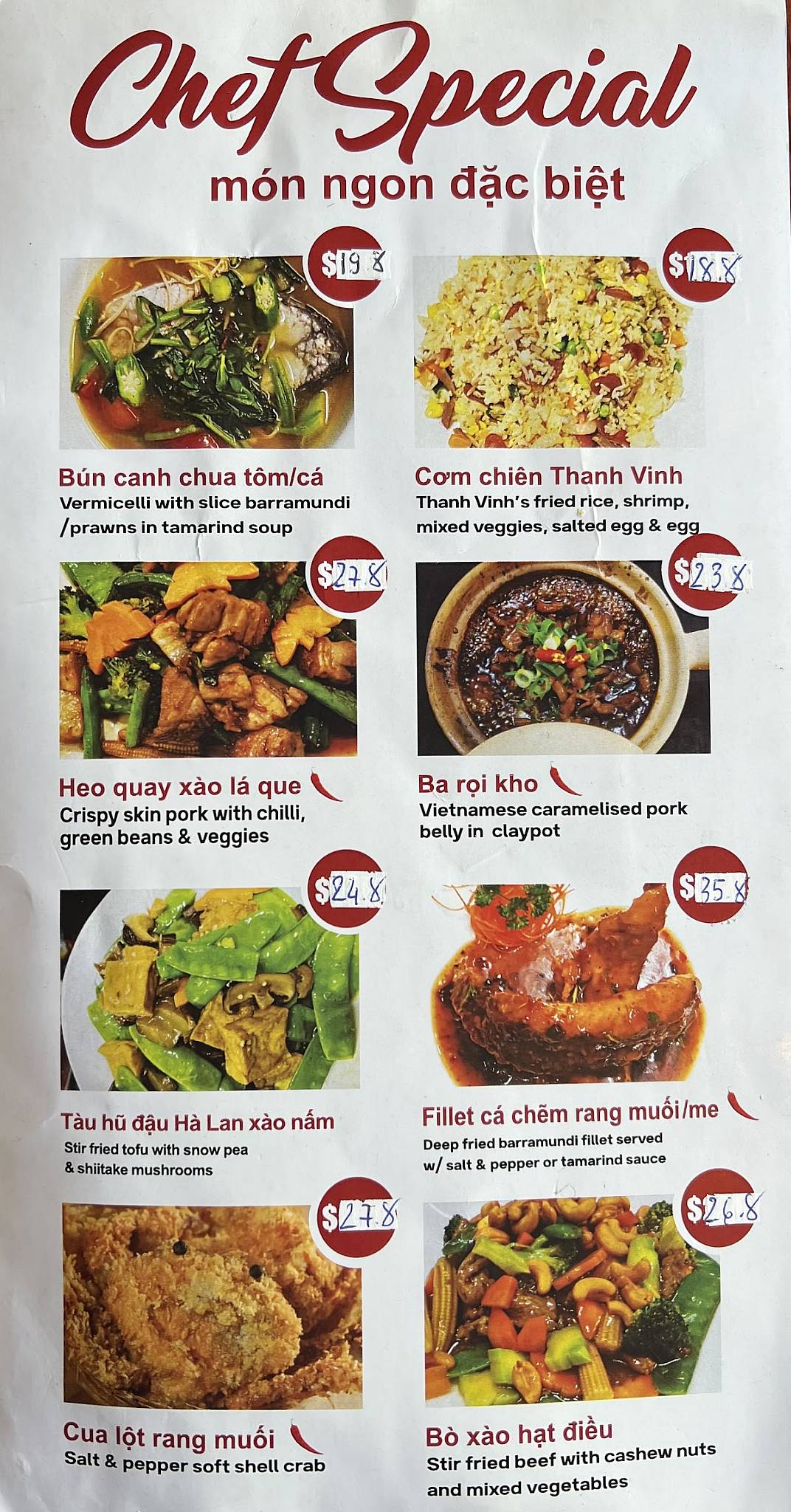 Menu at Thanh Vinh restaurant, Footscray