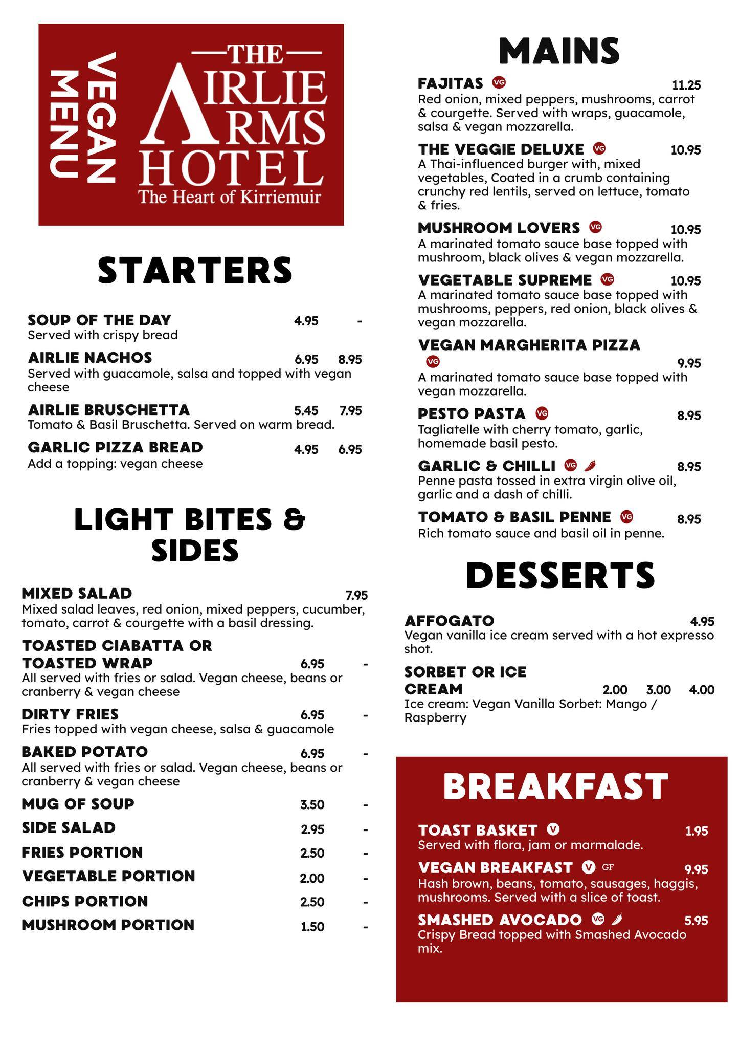 Menu at The Airlie Arms Hotel pub & bar, Kirriemuir