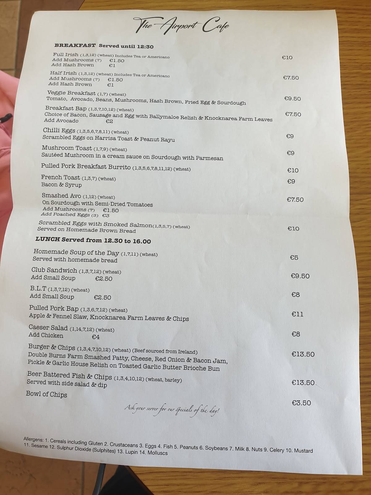 Menu at The Airport Cafe, Strandhill