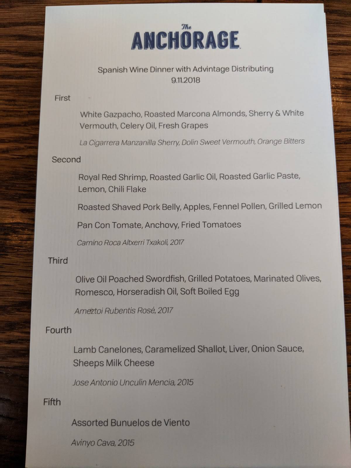 Menu at The Anchorage restaurant, Greenville