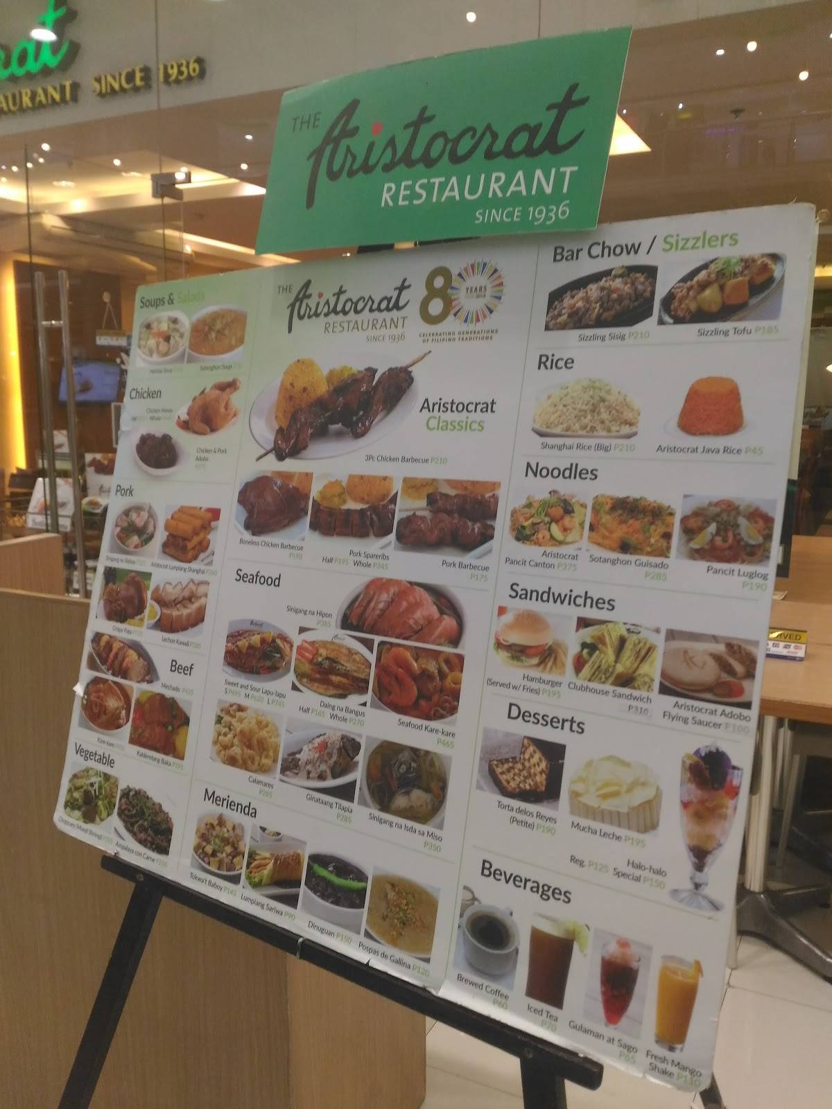 Menu at The Aristocrat Restaurant, Dasmariñas, Upper Ground Floor
