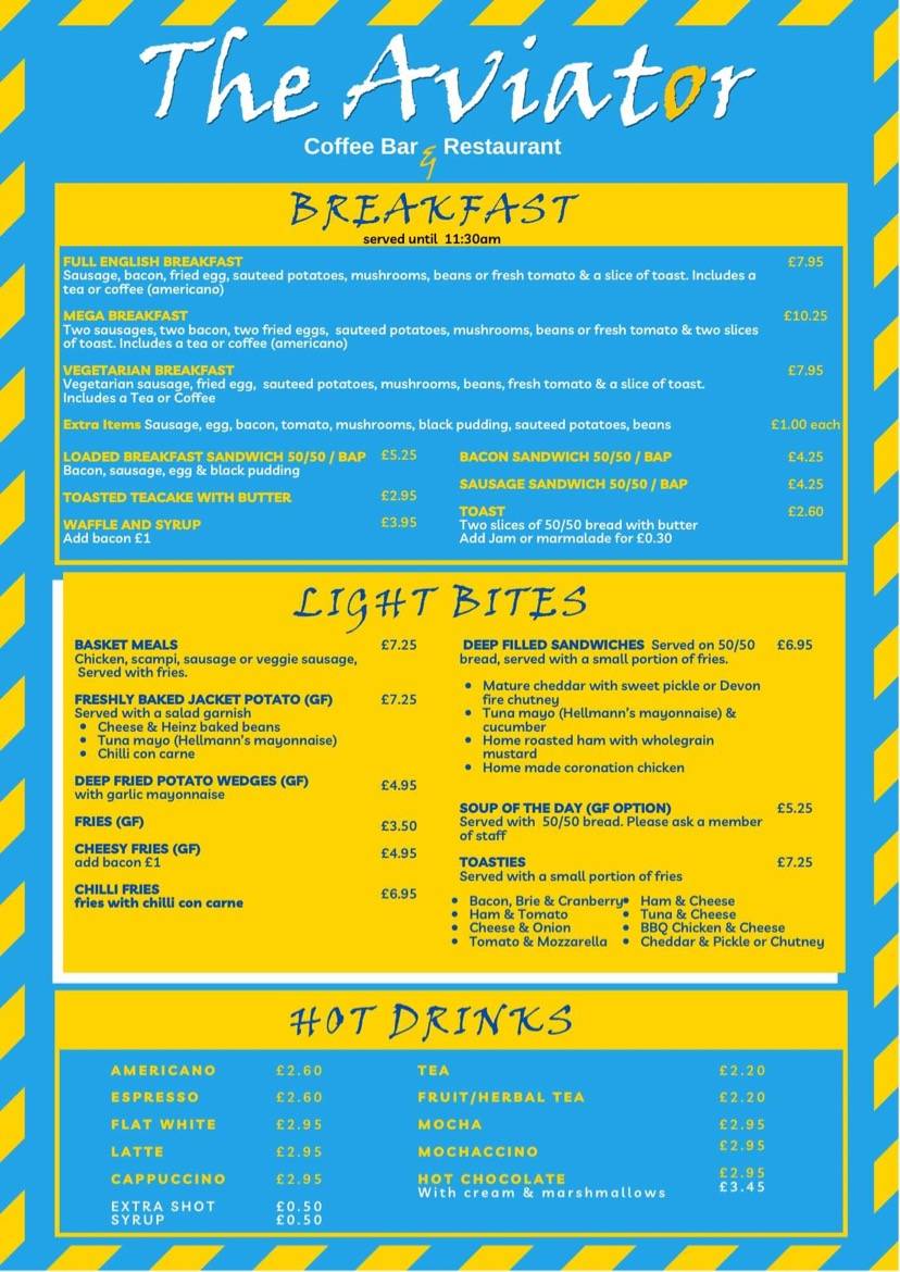 Menu at The Aviator Coffee Bar and Restaurant, Dunkeswell