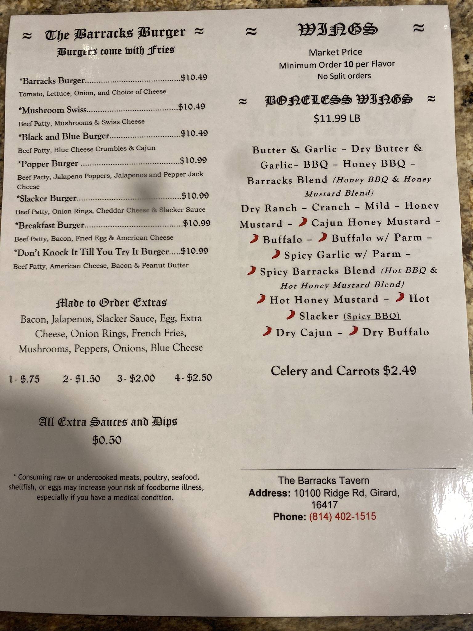 Menu at The Barracks Tavern, Girard
