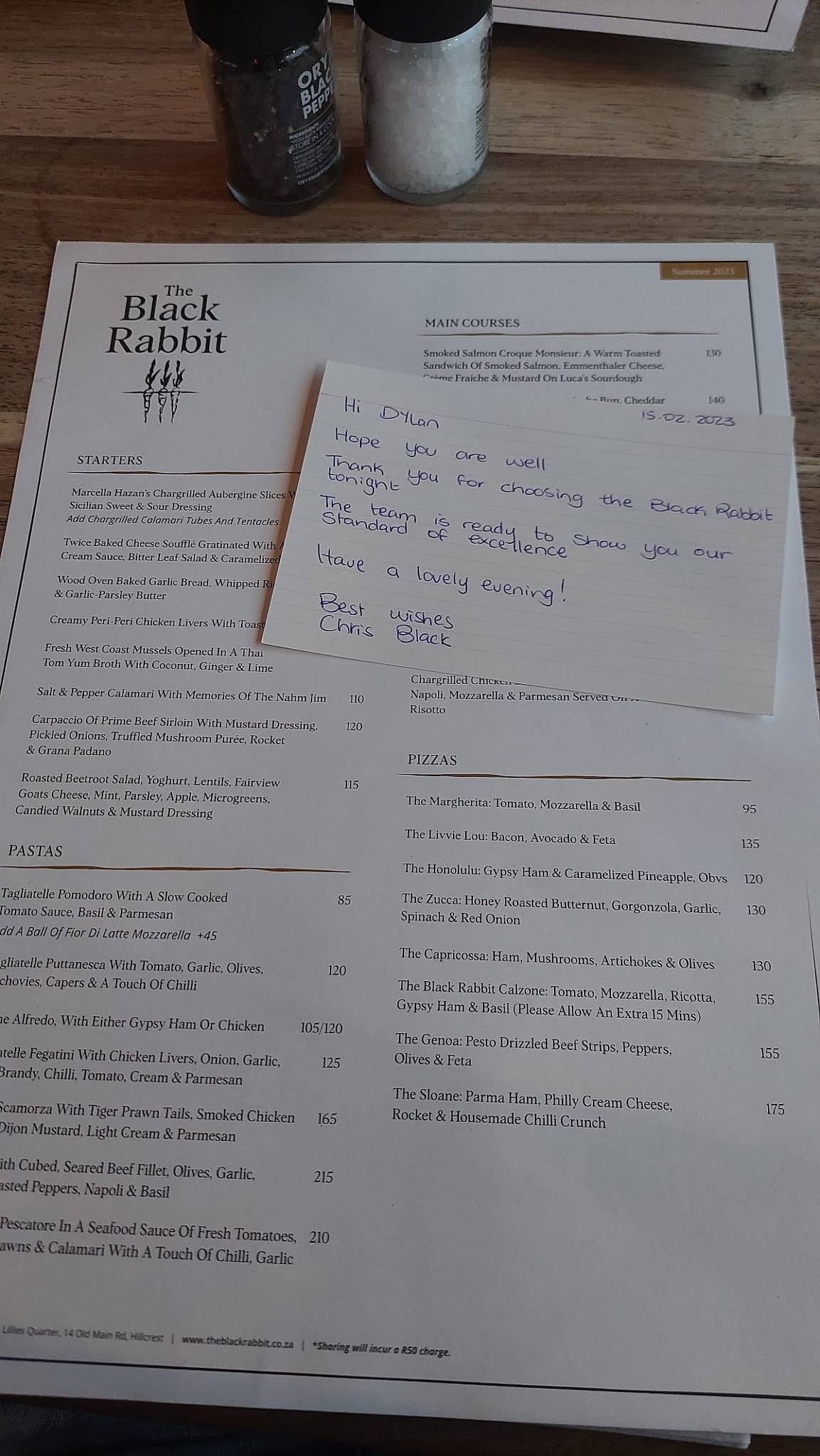 Speisekarte von The Black Rabbit restaurant, Outer West Durban