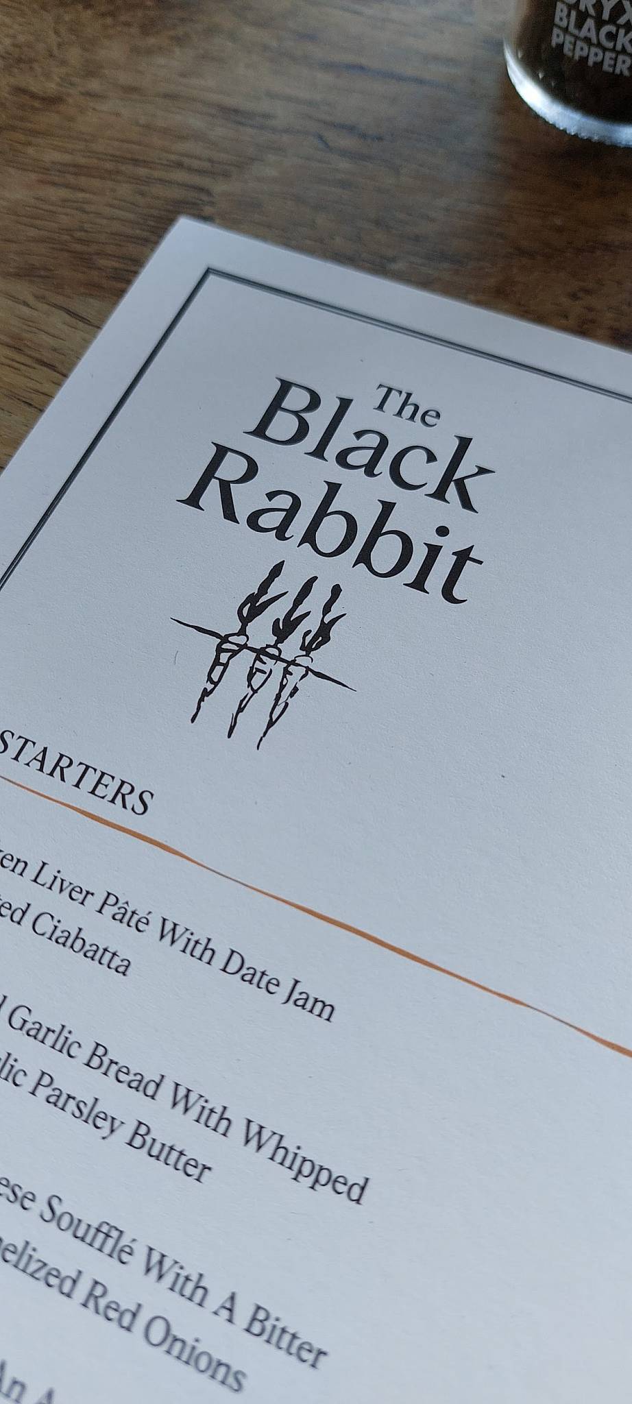 Menu at The Black Rabbit restaurant, Outer West Durban