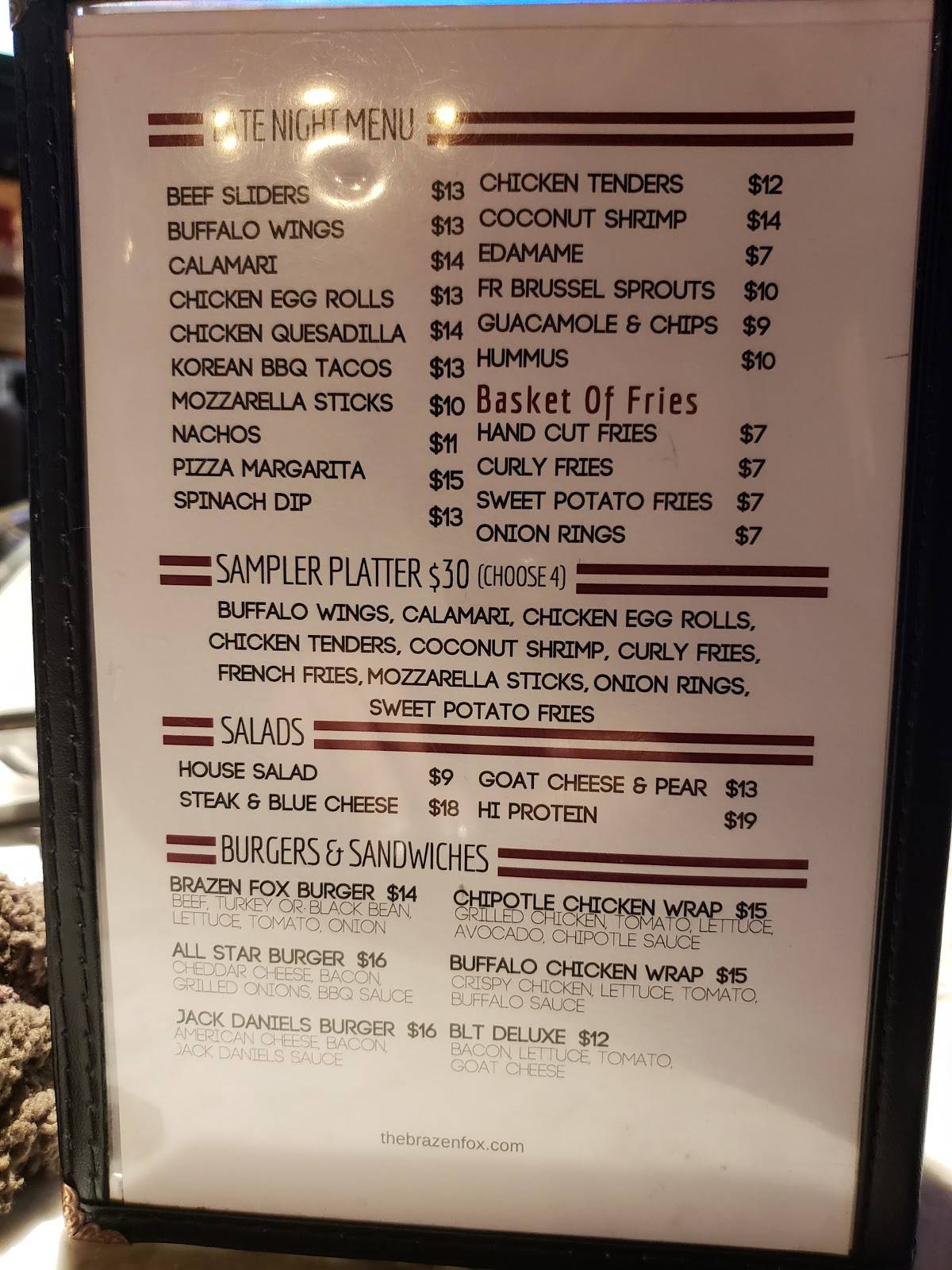 Menu at The Brazen Fox pub & bar, White Plains