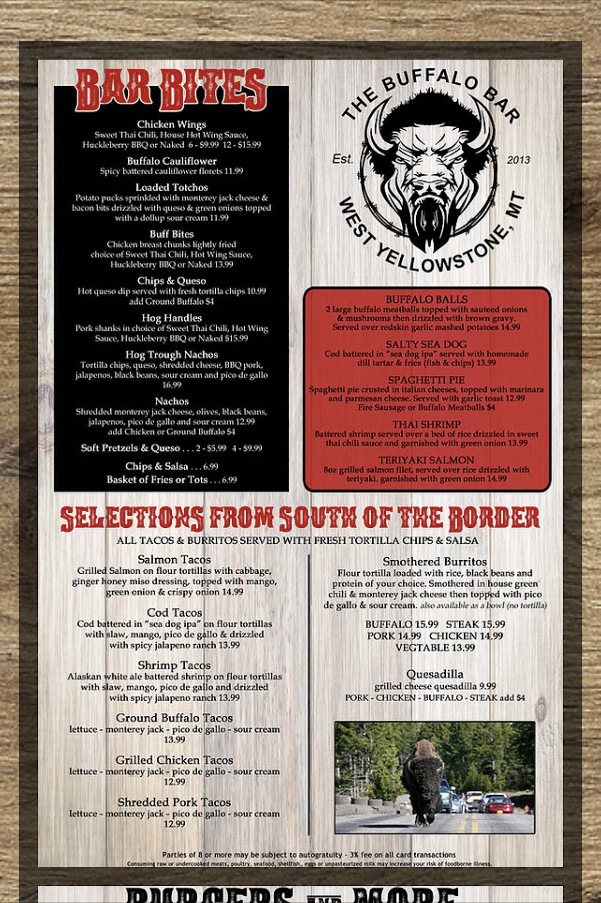 Menu at The Buffalo Bar, West Yellowstone