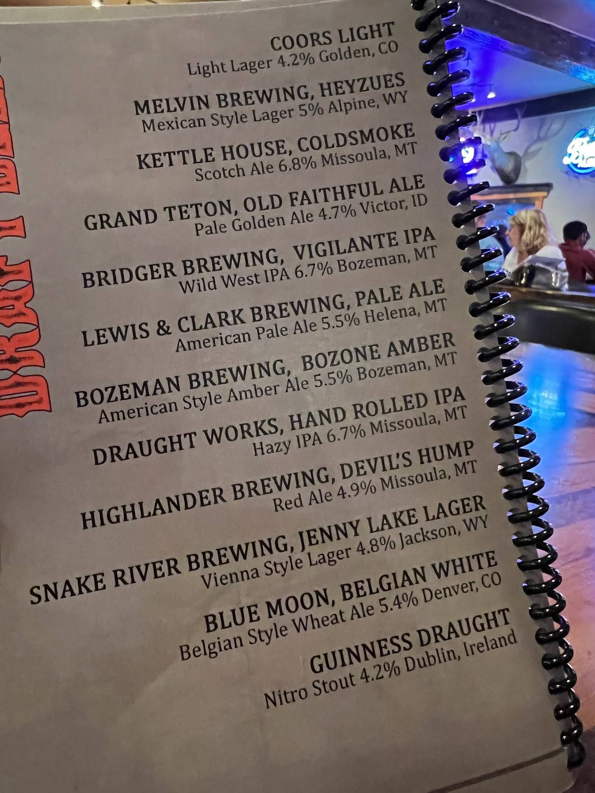 Menu at The Buffalo Bar, West Yellowstone