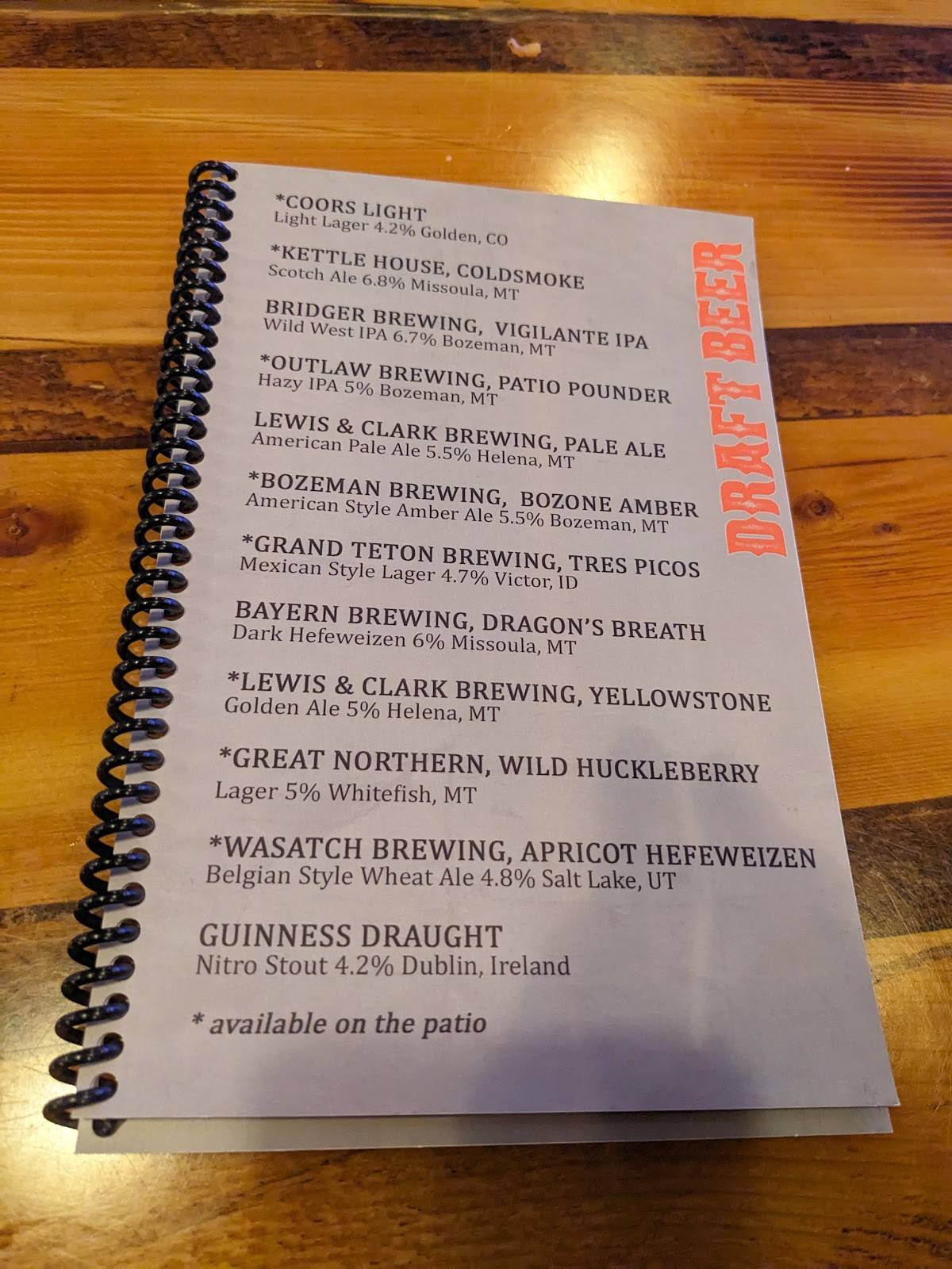 Menu at The Buffalo Bar, West Yellowstone