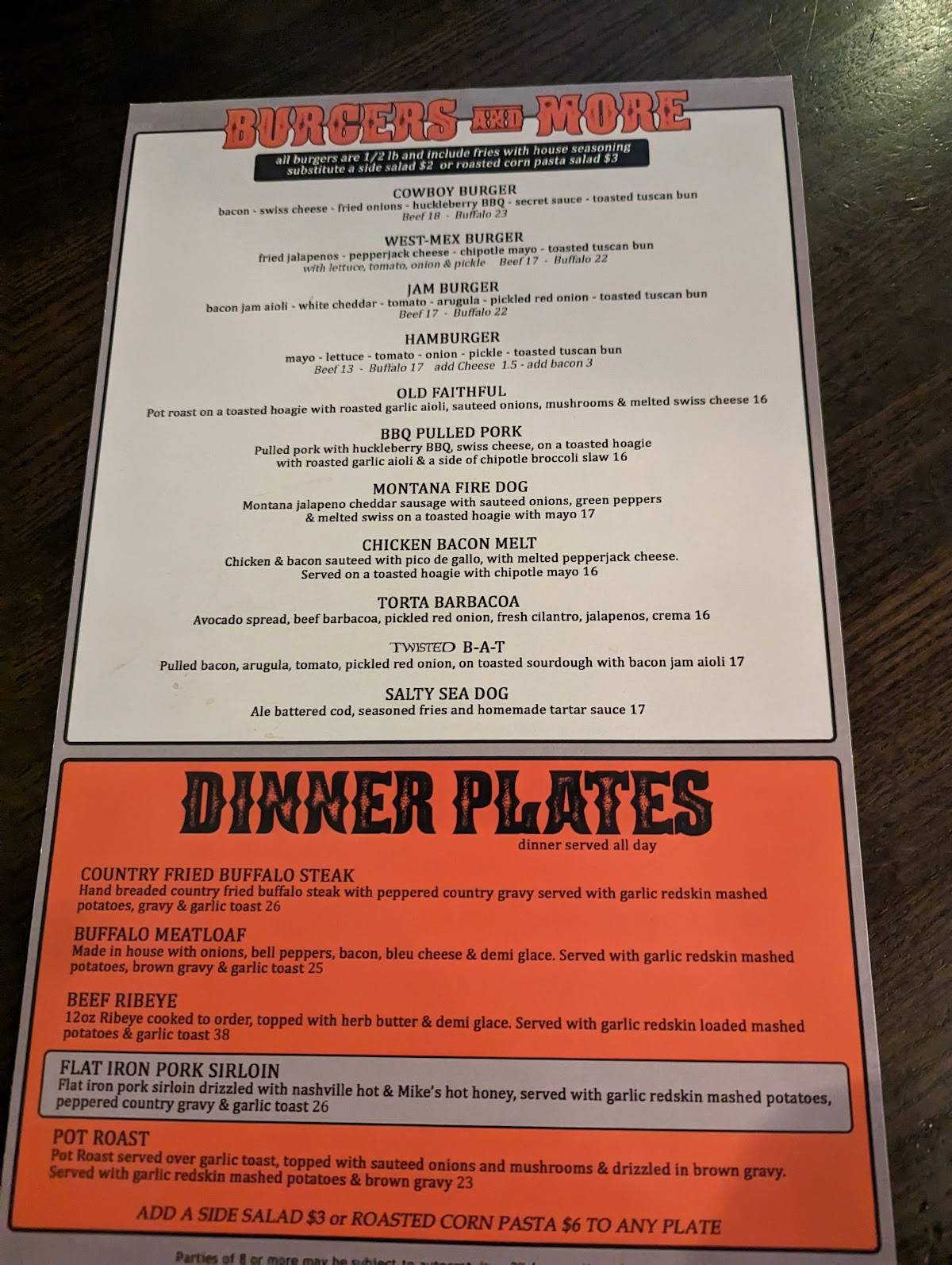 Menu at The Buffalo Bar, West Yellowstone