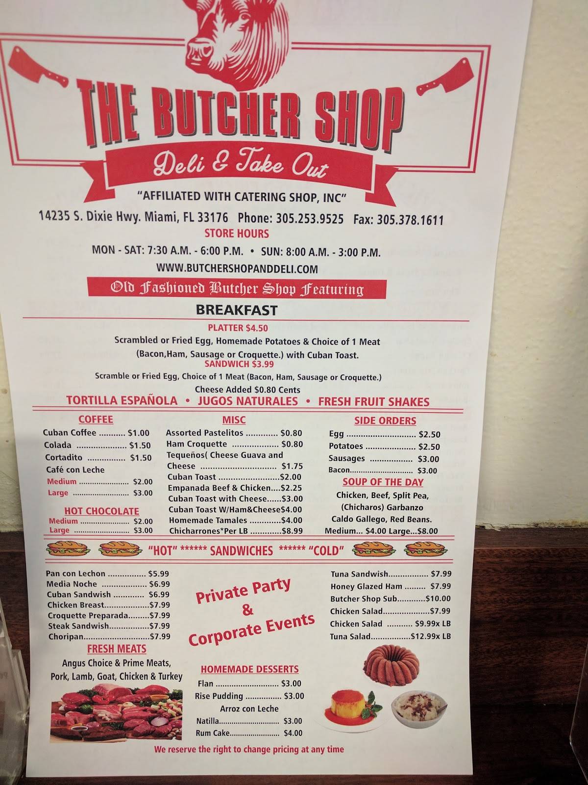 Menu at The Butcher Shop cafe, Palmetto Bay