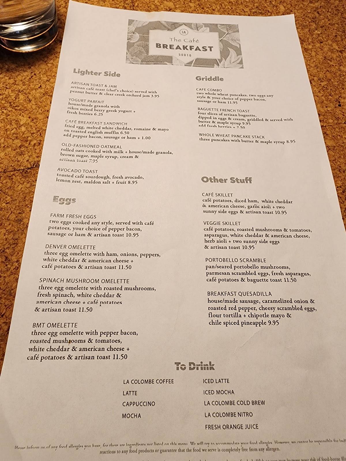 Menu at The Cafe, Ames