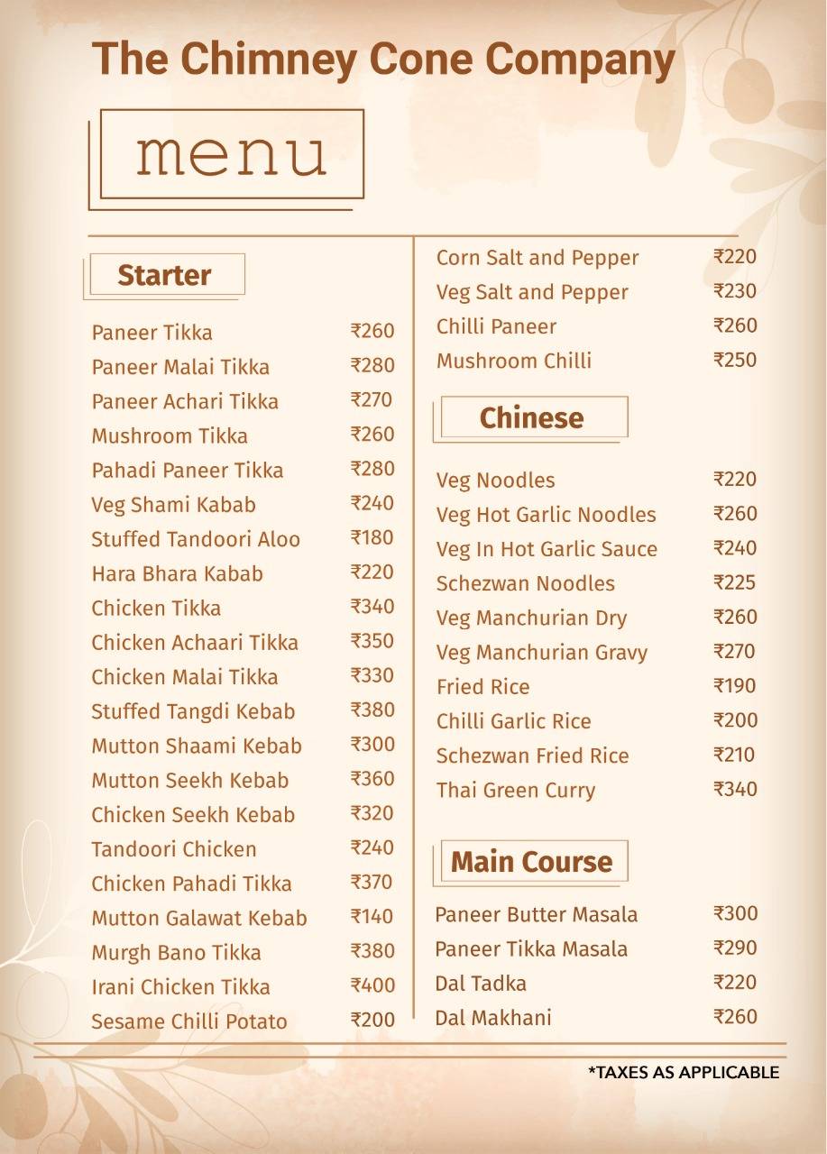 Menu at The Chimney Cone Company, Lucknow