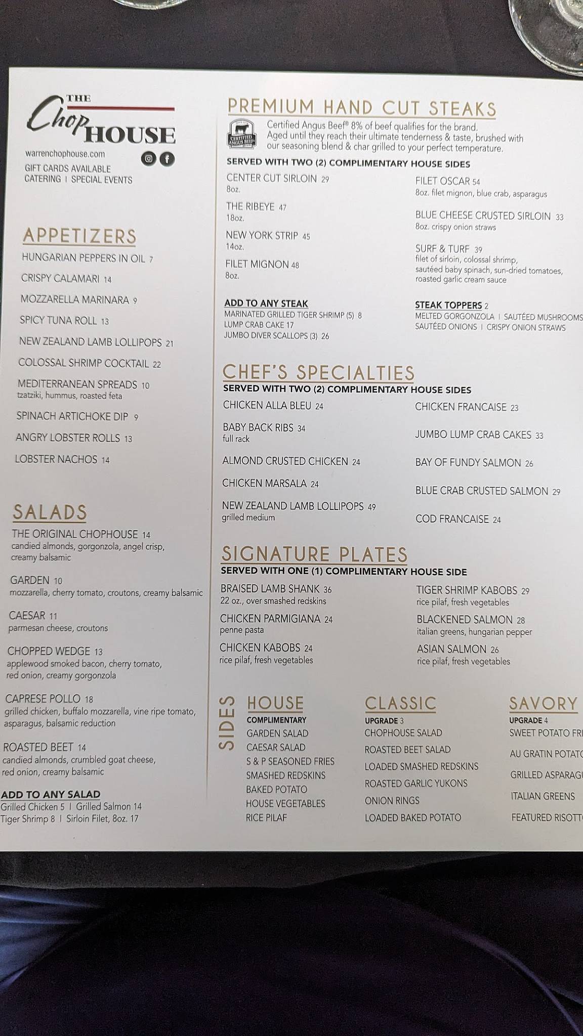 Menu at The Chophouse steakhouse, Warren
