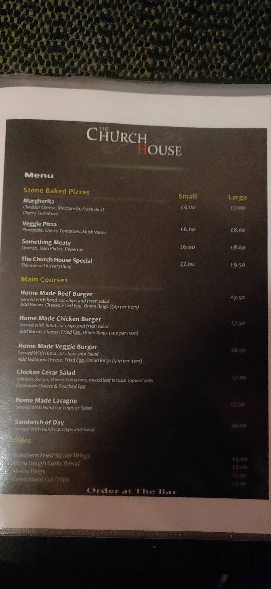 Menu at The Church House pub & bar, Sheffield