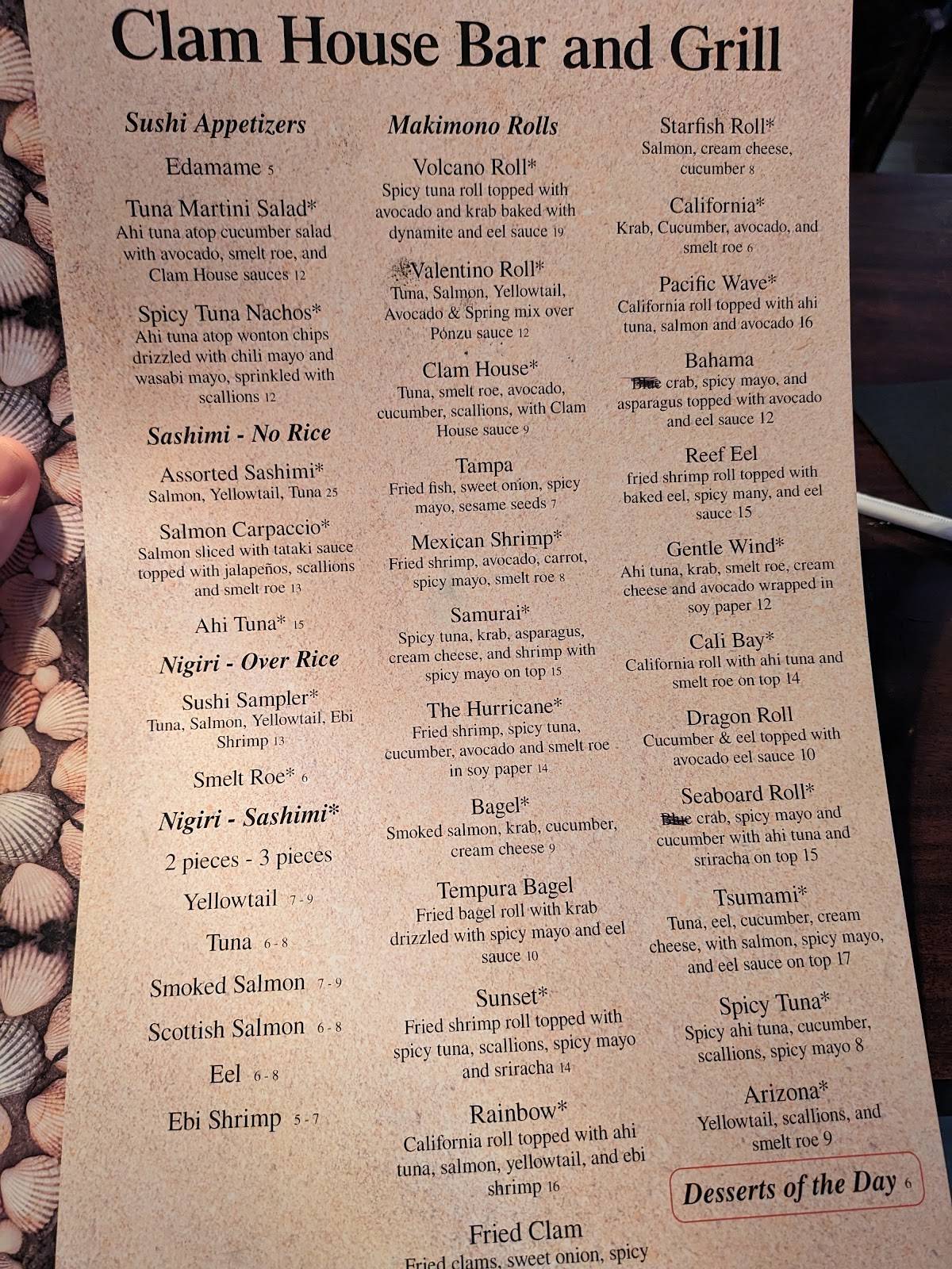 Menu at The Clam House Bar & Grill, Palmetto