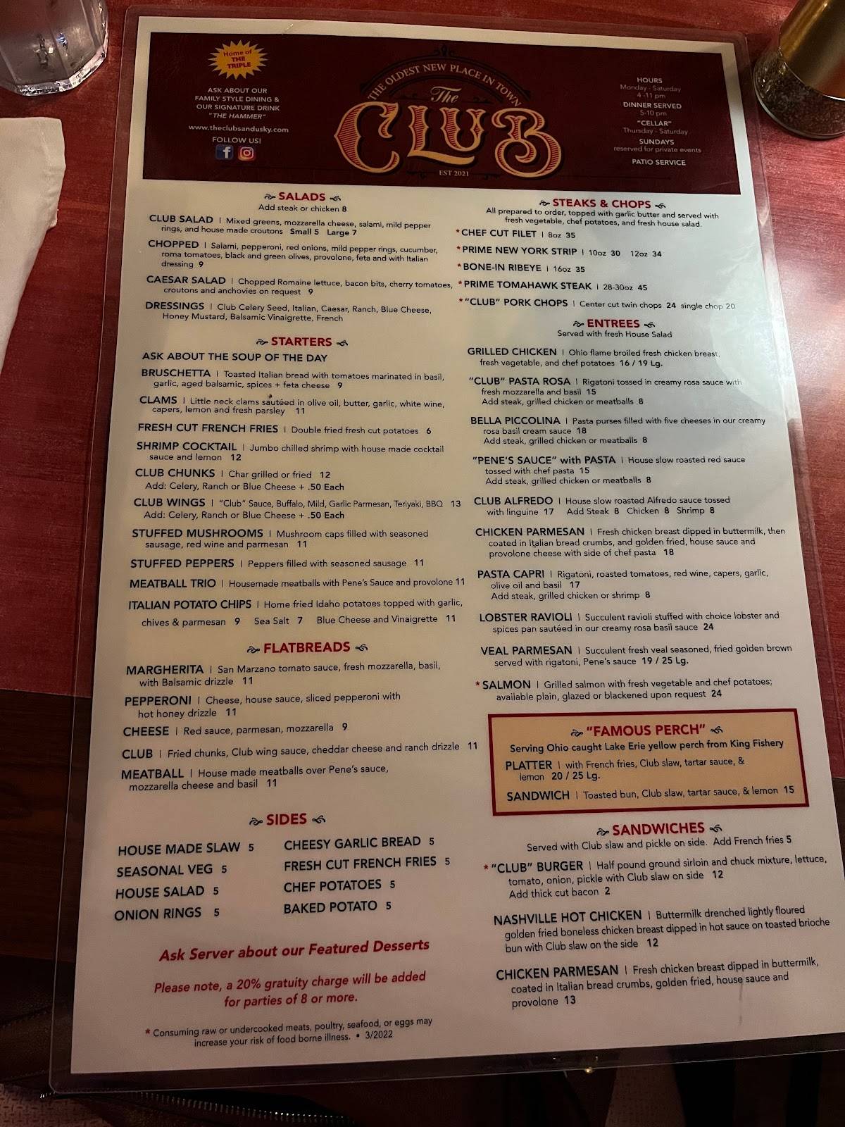 Menu at The Club Restaurant & Bar, Sandusky