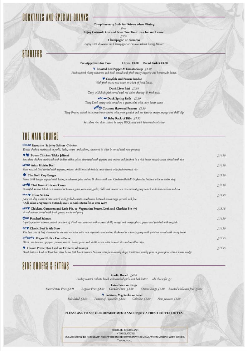Menu at The Corner Cupboard pub & bar, Winchcombe