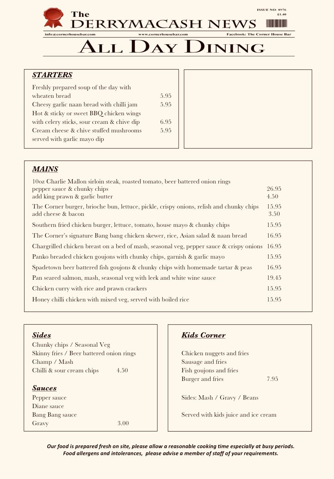 Menu at The Corner House Bar, Craigavon