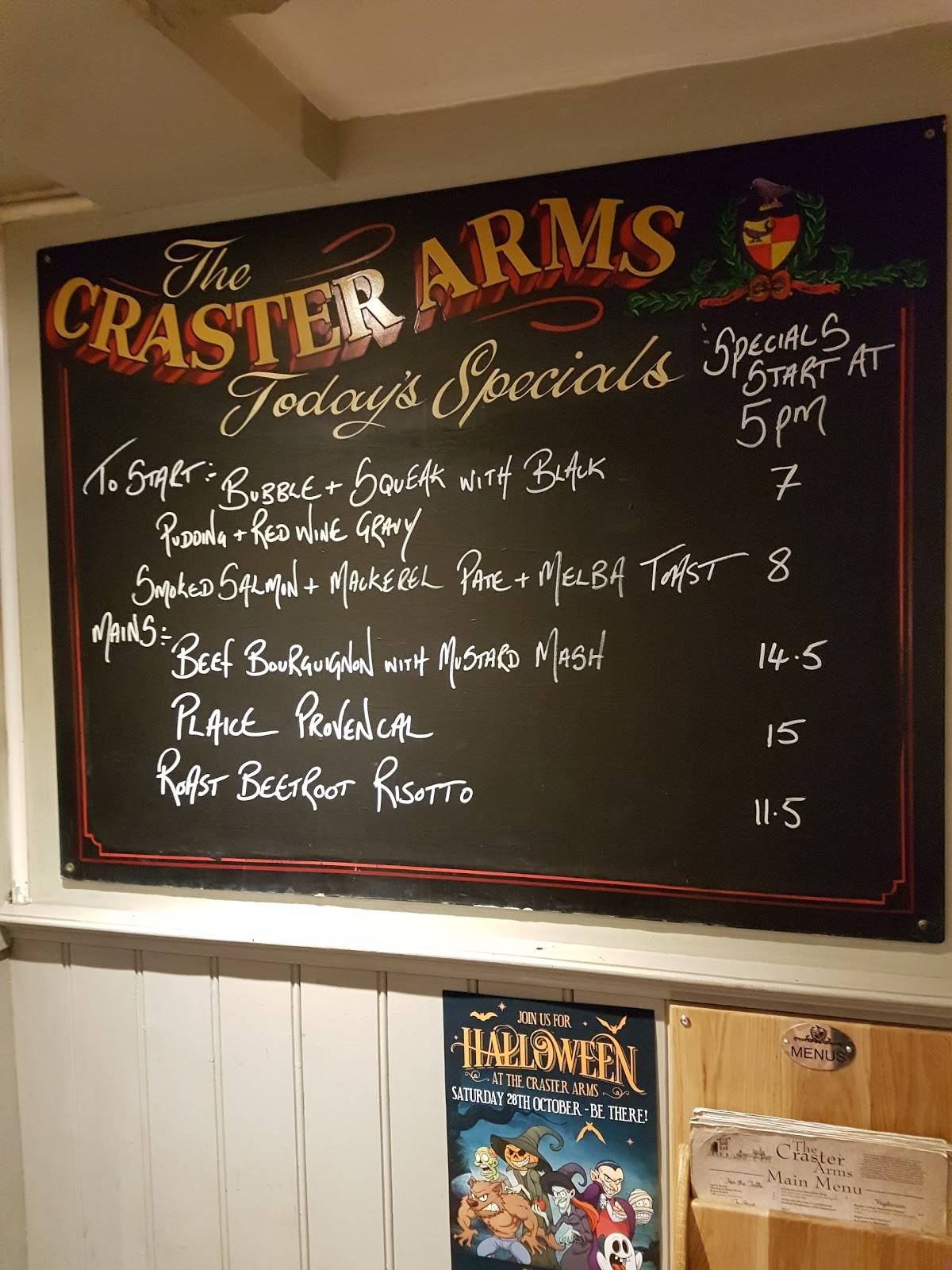 Menu at The Craster Arms restaurant, Beadnell