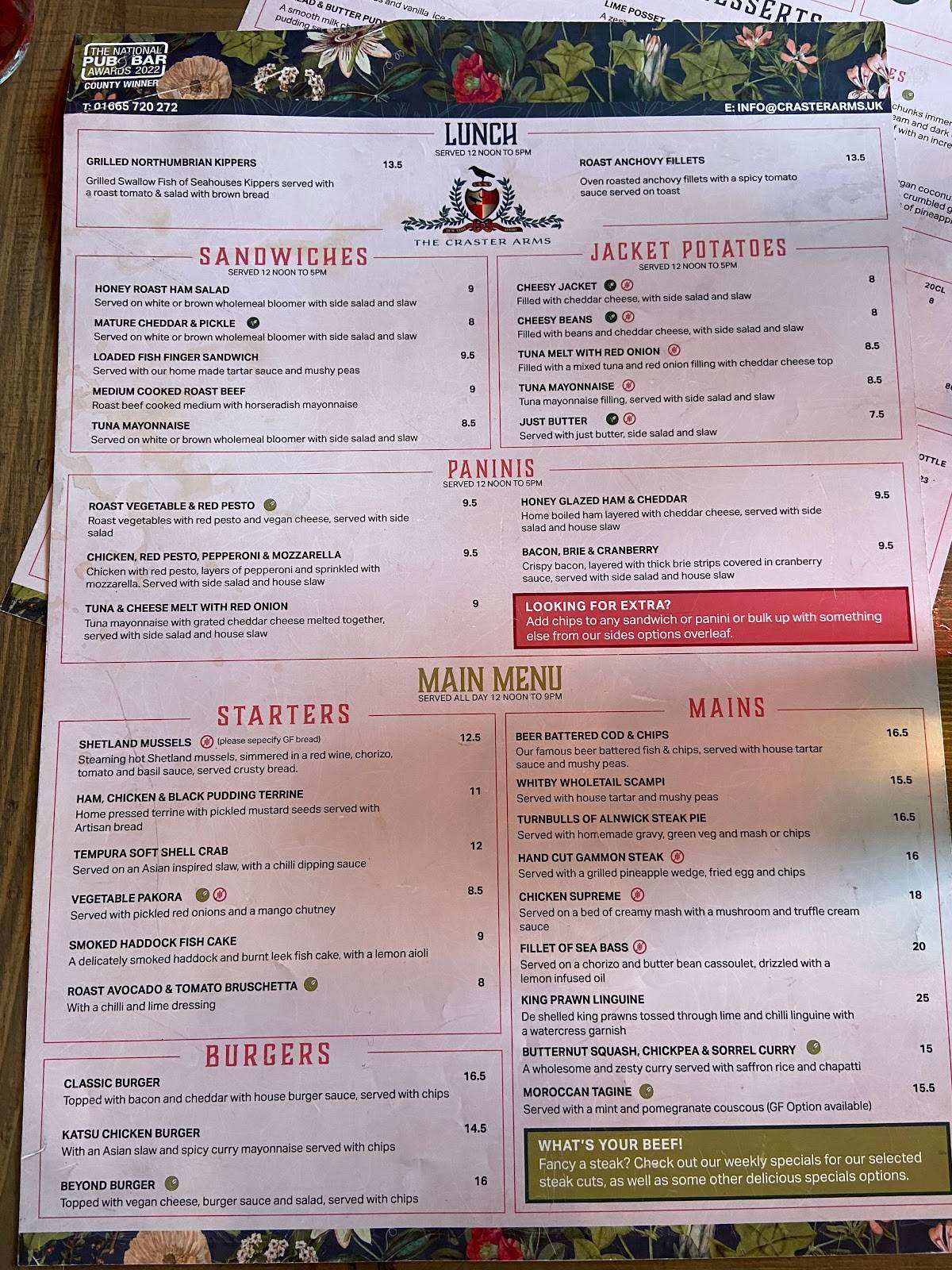 Menu at The Craster Arms restaurant, Beadnell