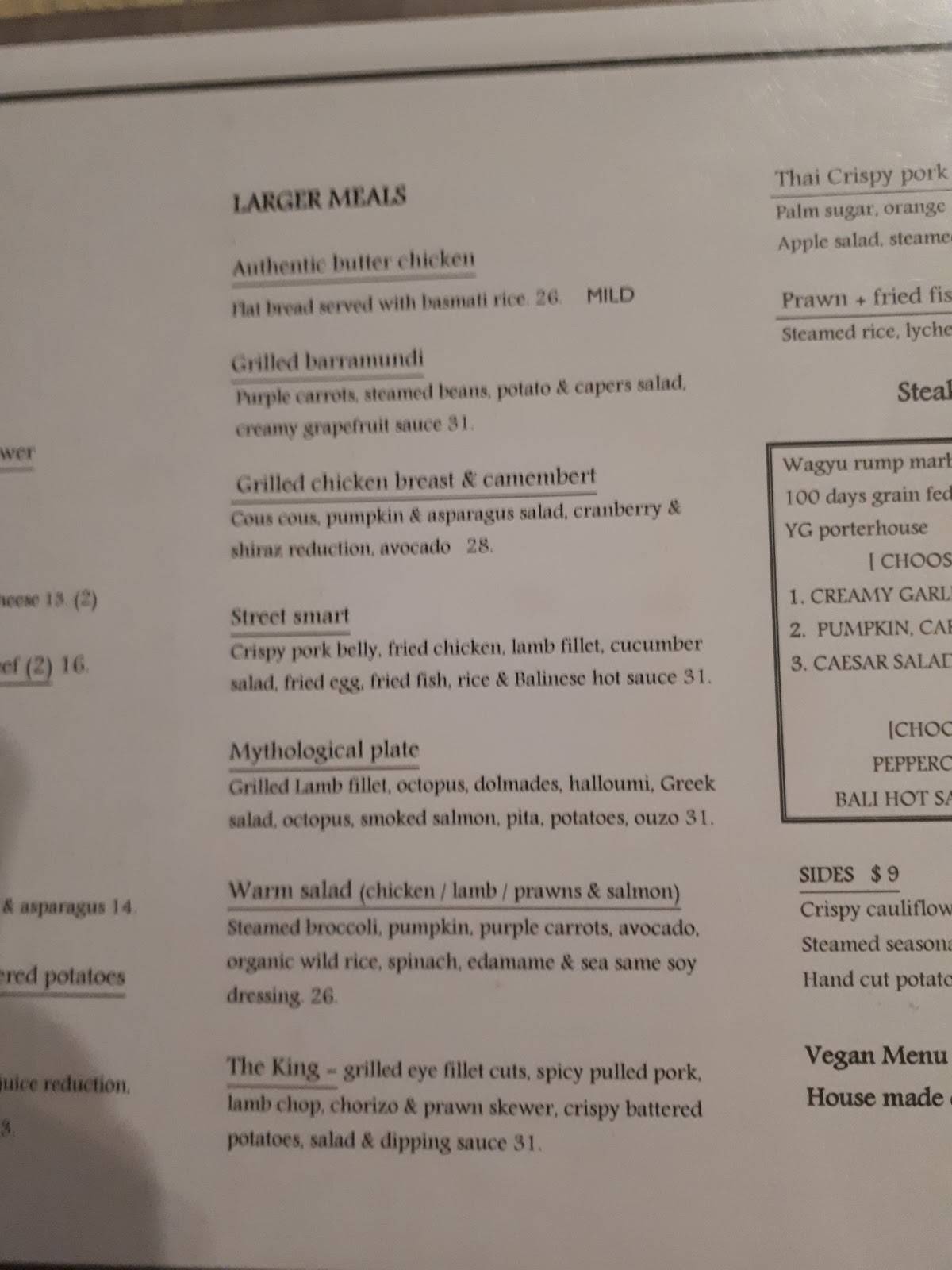 Menu at The Dark Horse restaurant, Traralgon