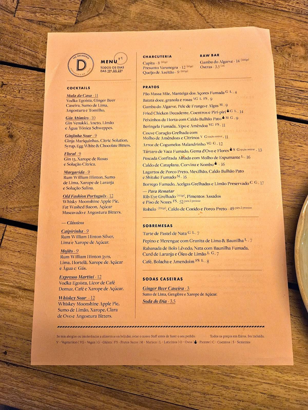 Menu at The Decadente restaurant, Lisbon