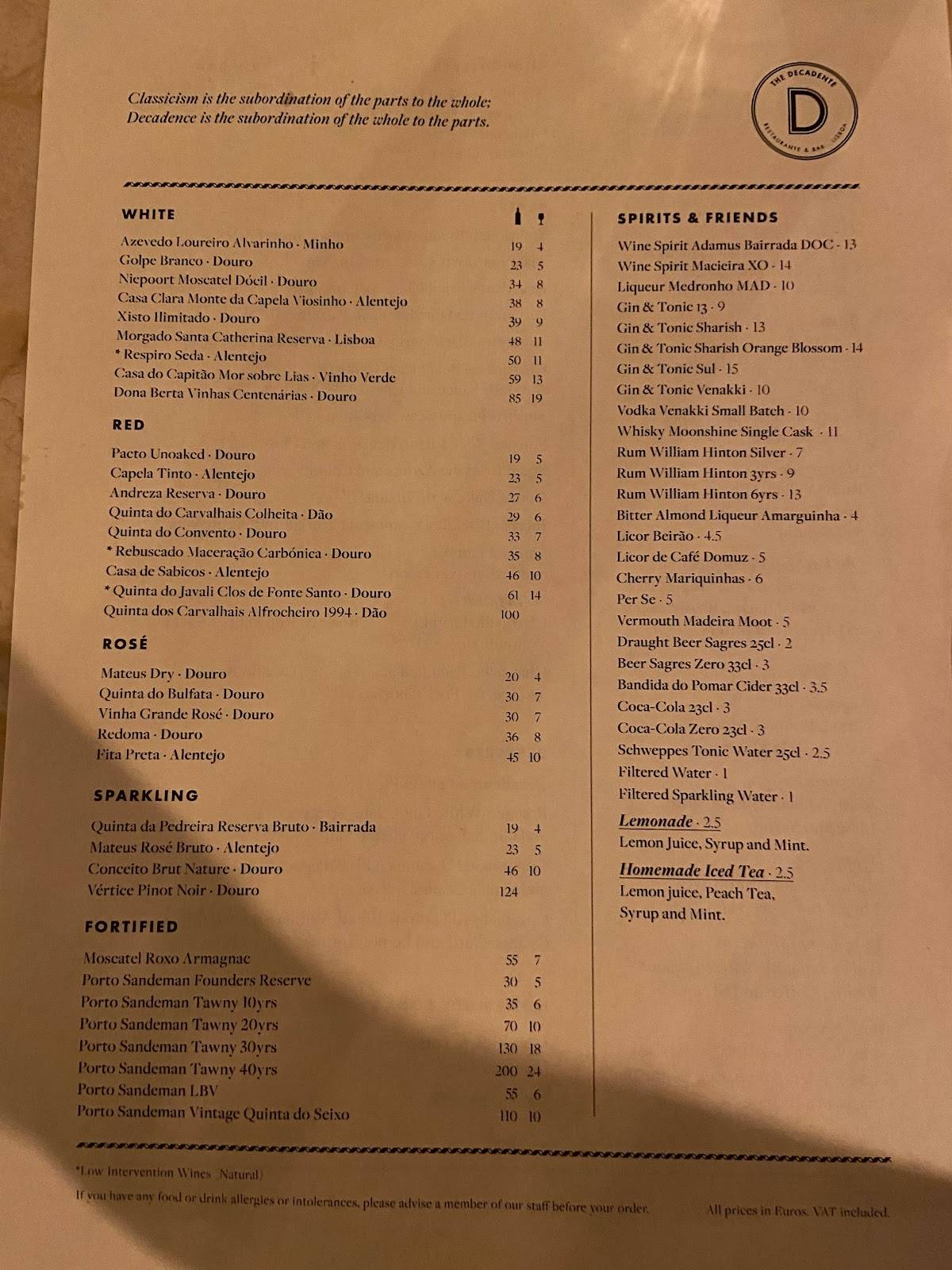 Menu at The Decadente restaurant, Lisbon