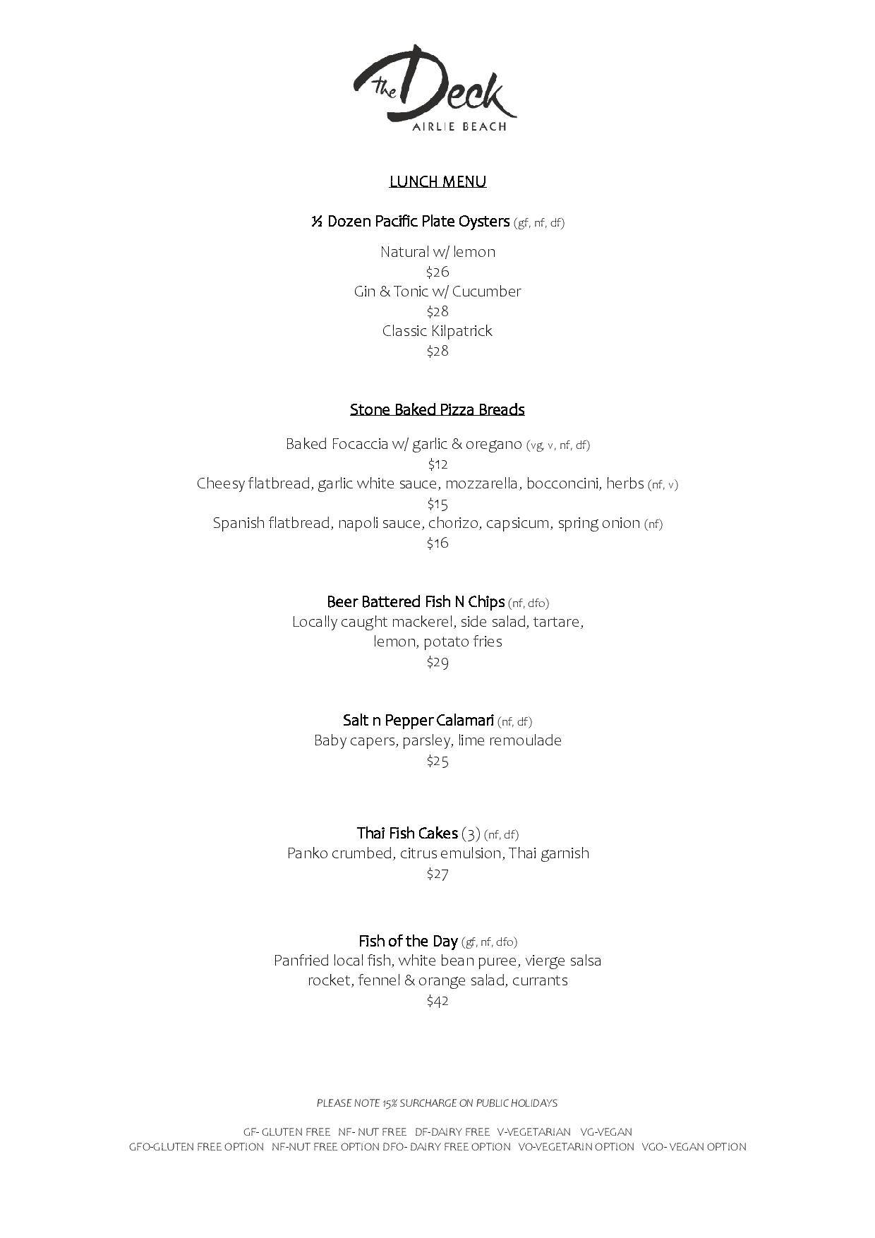 Menu at The Deck Airlie Beach restaurant, Airlie Beach